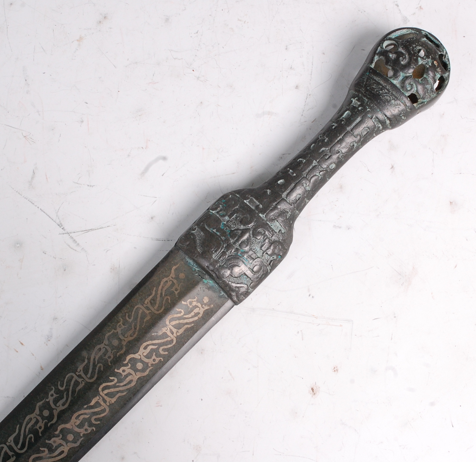 A 20th century Chinese bronze Jian sword, the 50cm double edged blade ...