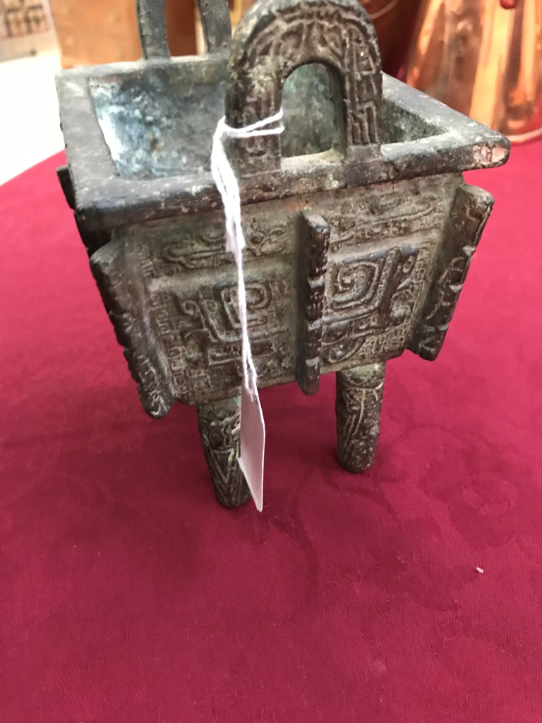 A small Chinese bronze square ding ritual vessel:Cast in a Shang ...