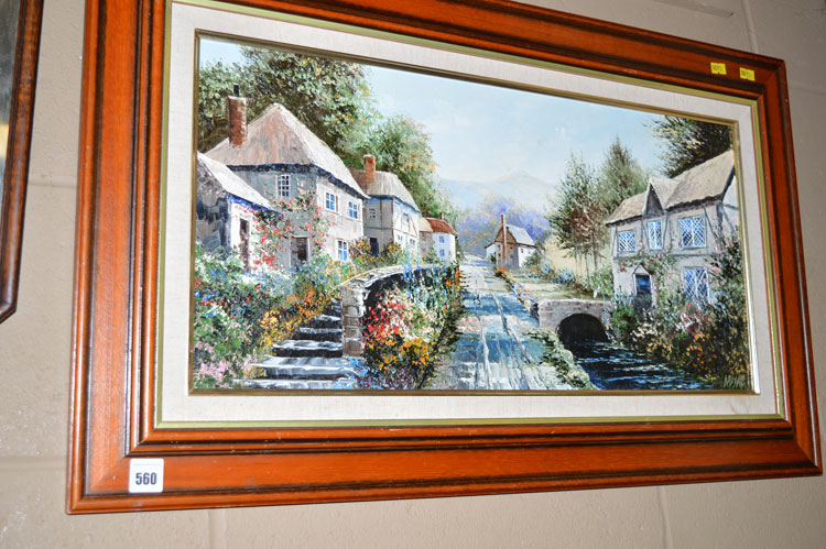 An oil painting - Continental street scene with river, by Dallas ...