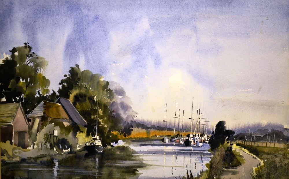 Liz Deakin, a watercolour, boats moored on a river Estuary with a boat ...