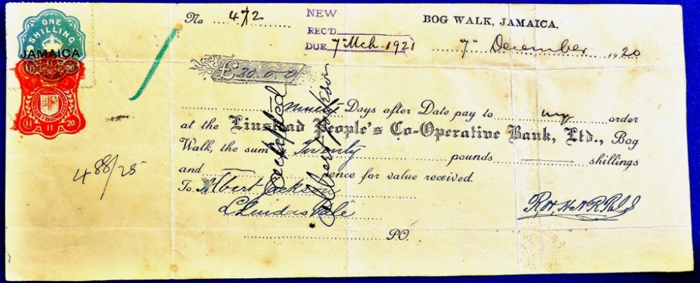 Jamaica - 1920 BOG Walk Jamaica Cheque on Linstead Peoples Co-Operative ...