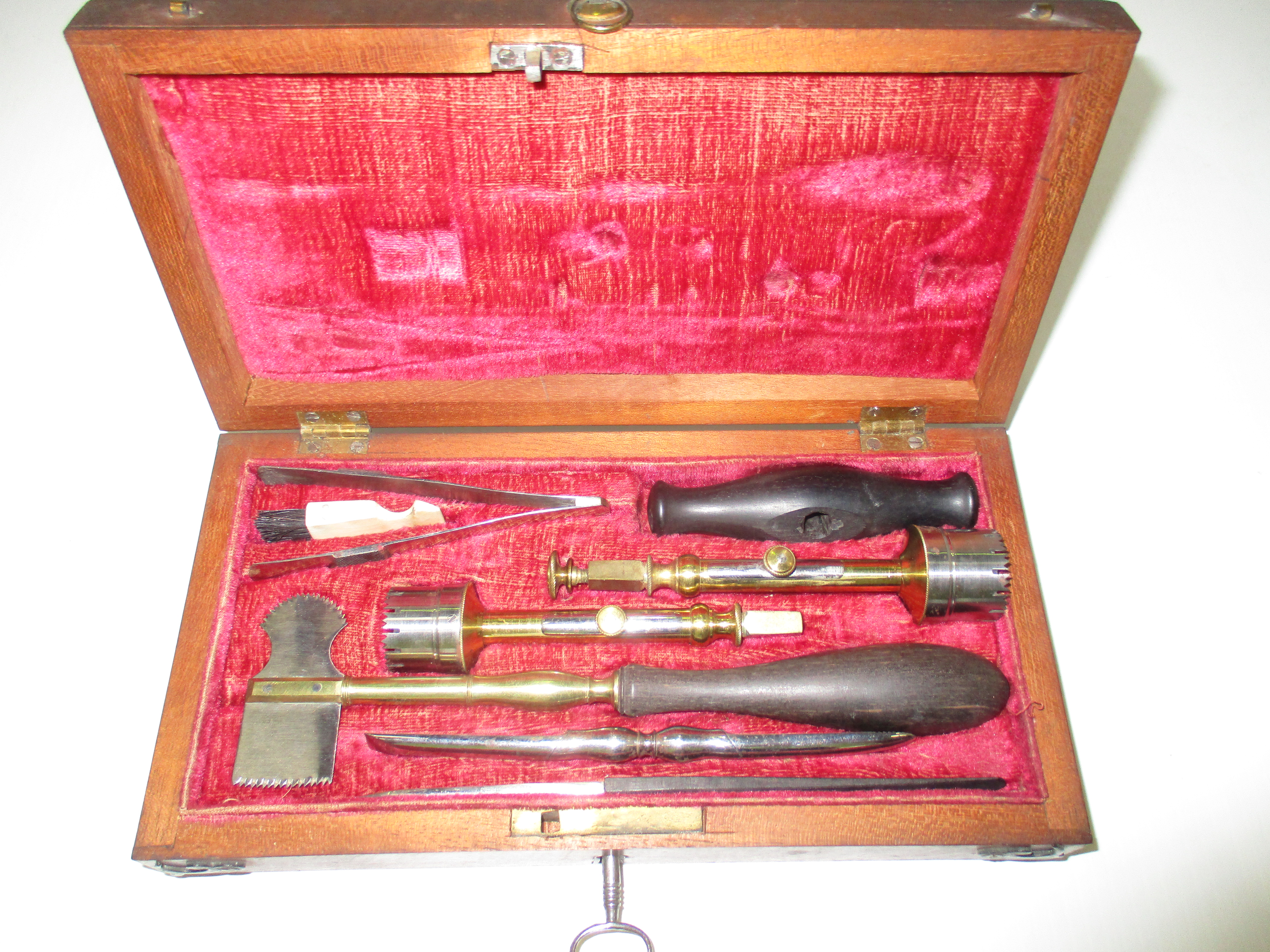 Surgeons trepanning medical tool kit with brass and metal instruments ...