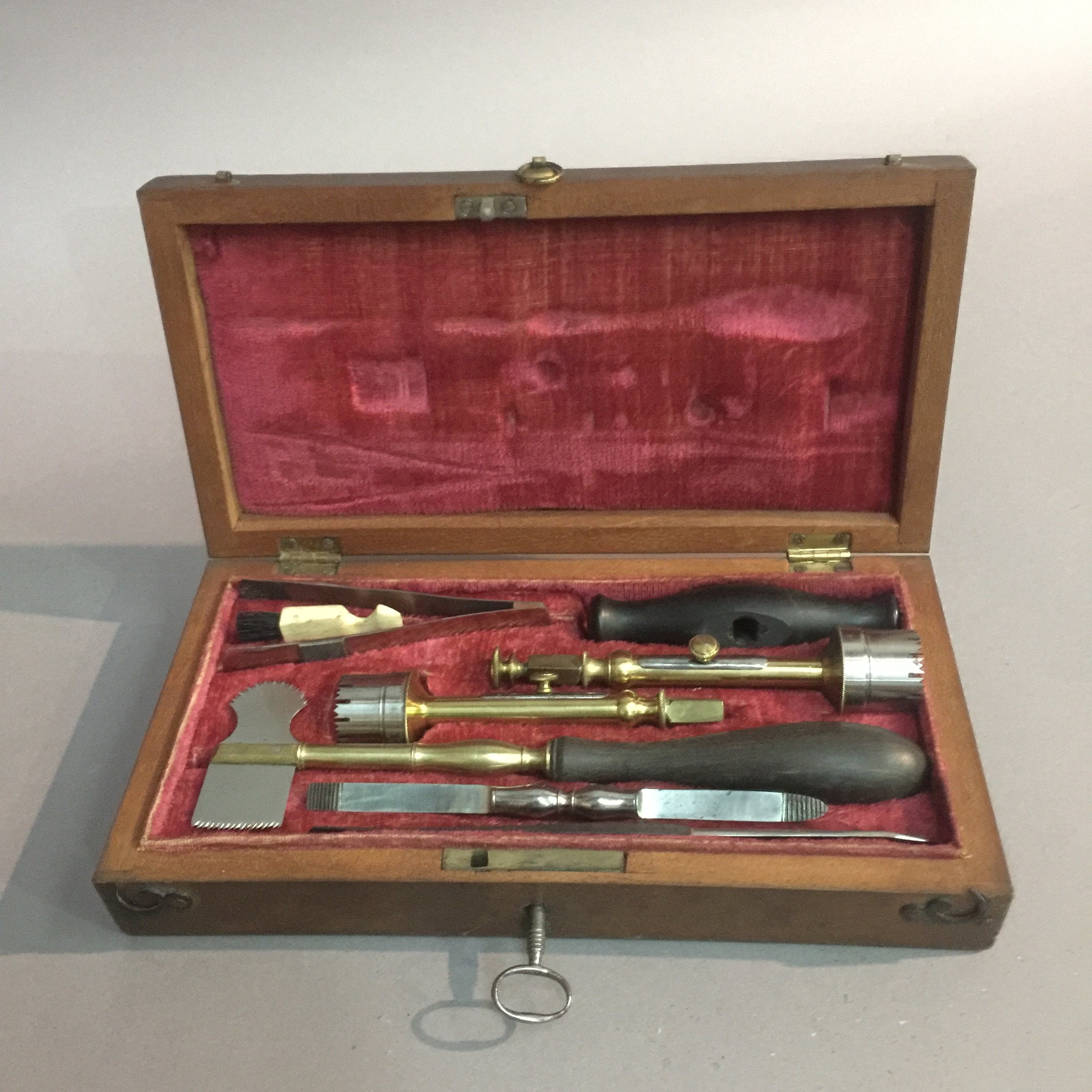 Surgeons trepanning medical tool kit with brass and metal instruments ...