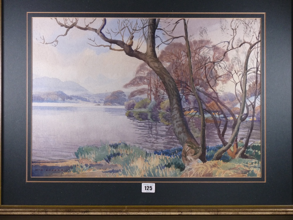 WILLIAM HEATON COOPER RA watercolour - lake scene with distant hills ...