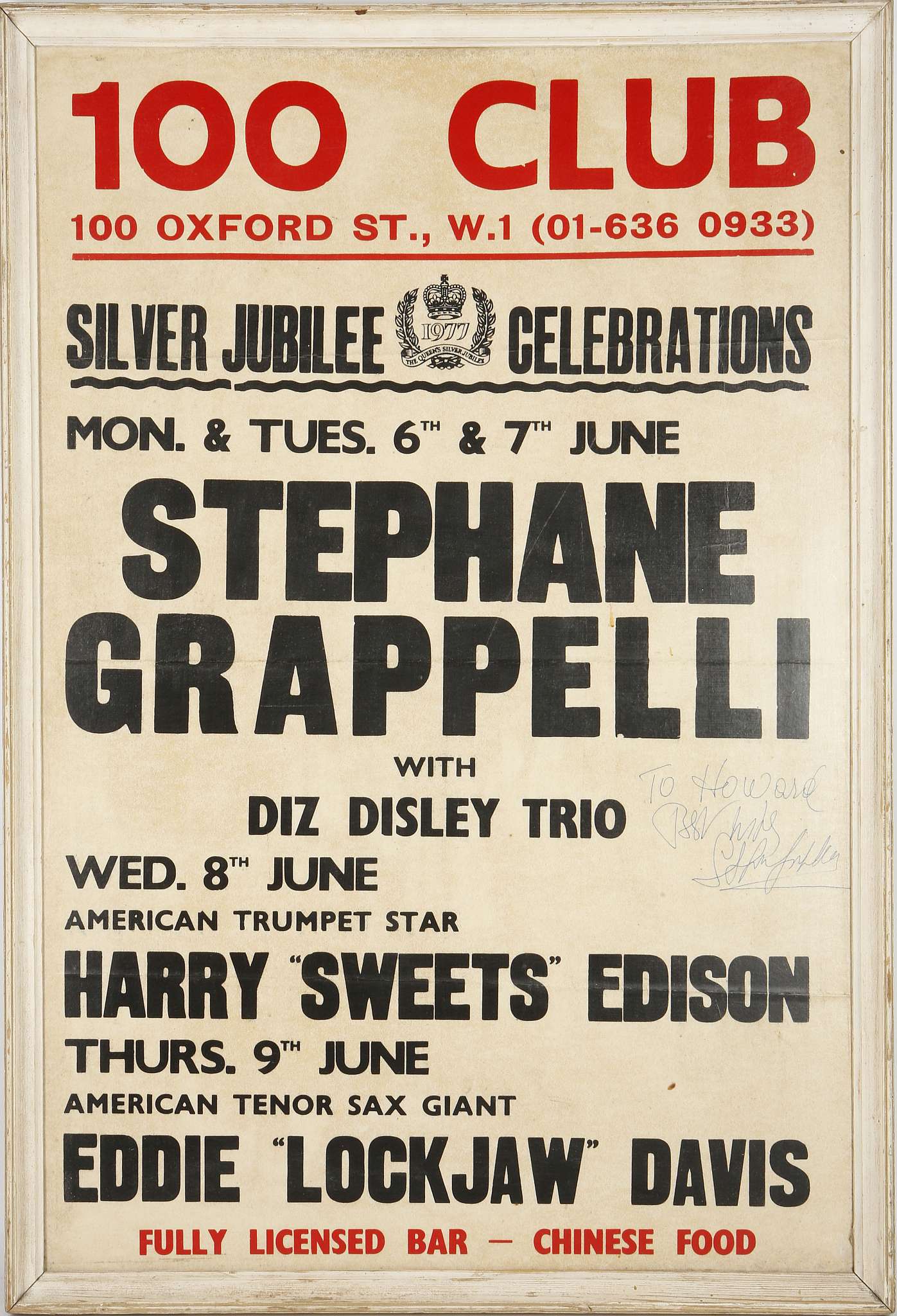 A 100 Club poster signed by Stephane Grappelli, for the silver jubilee ...