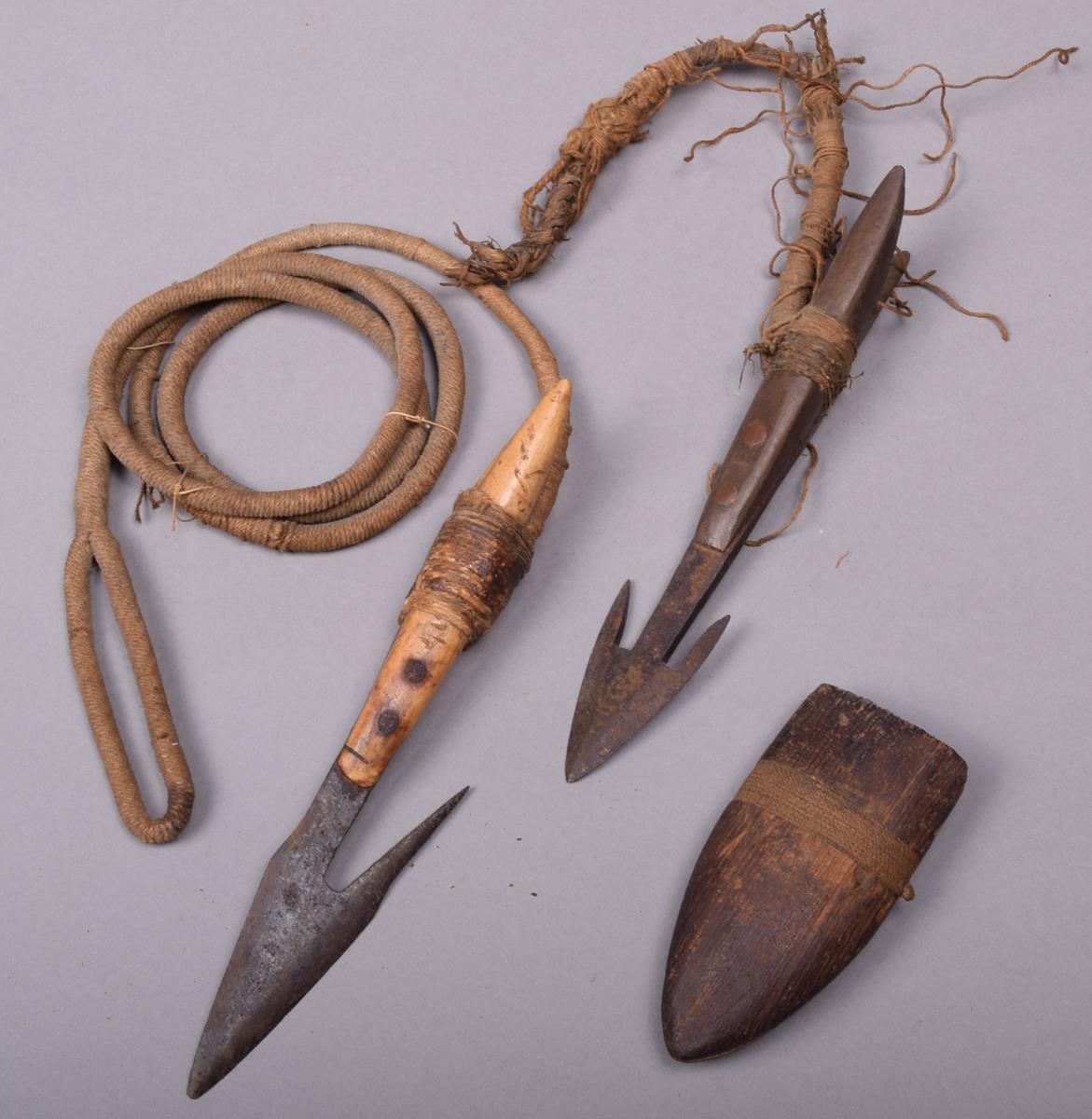 A Northwest Coast harpoon point, bone and iron with rivets and fibre ...