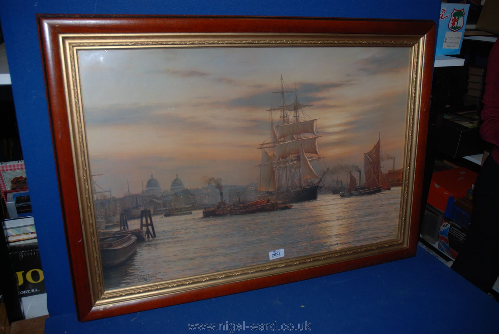 A large Rodney Charman Print of a tug boat leading a large sailing ship ...