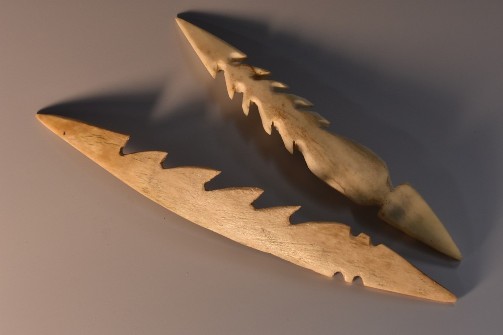 Tribal Art - an Inuit bone fishing harpoon, double-arrow head, barbed ...