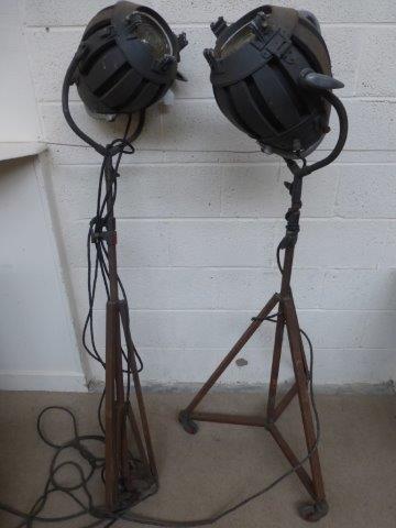 Two Hewitt Universal Multiple Industries Ltd theatre lights on stands.