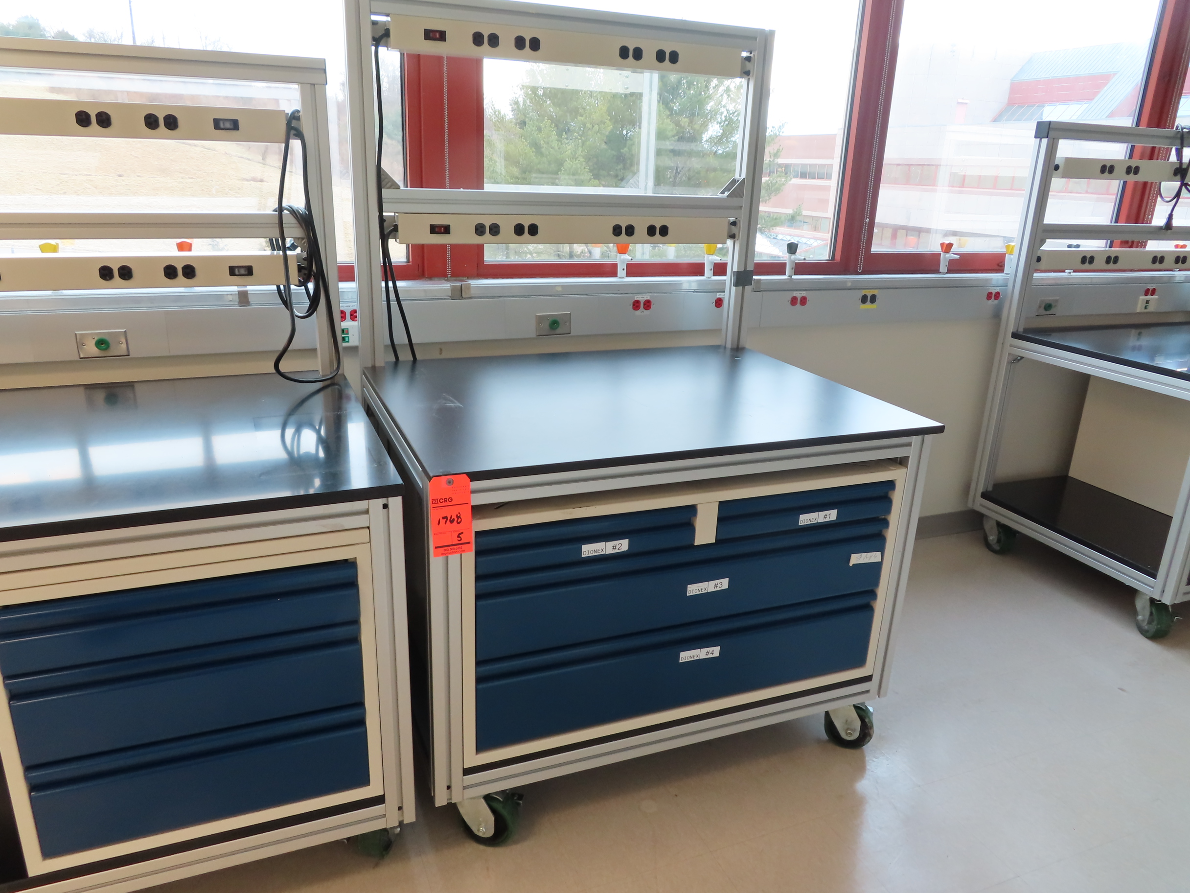 Lot of (5) rolling lab tables with drawers and electric plug panels ...