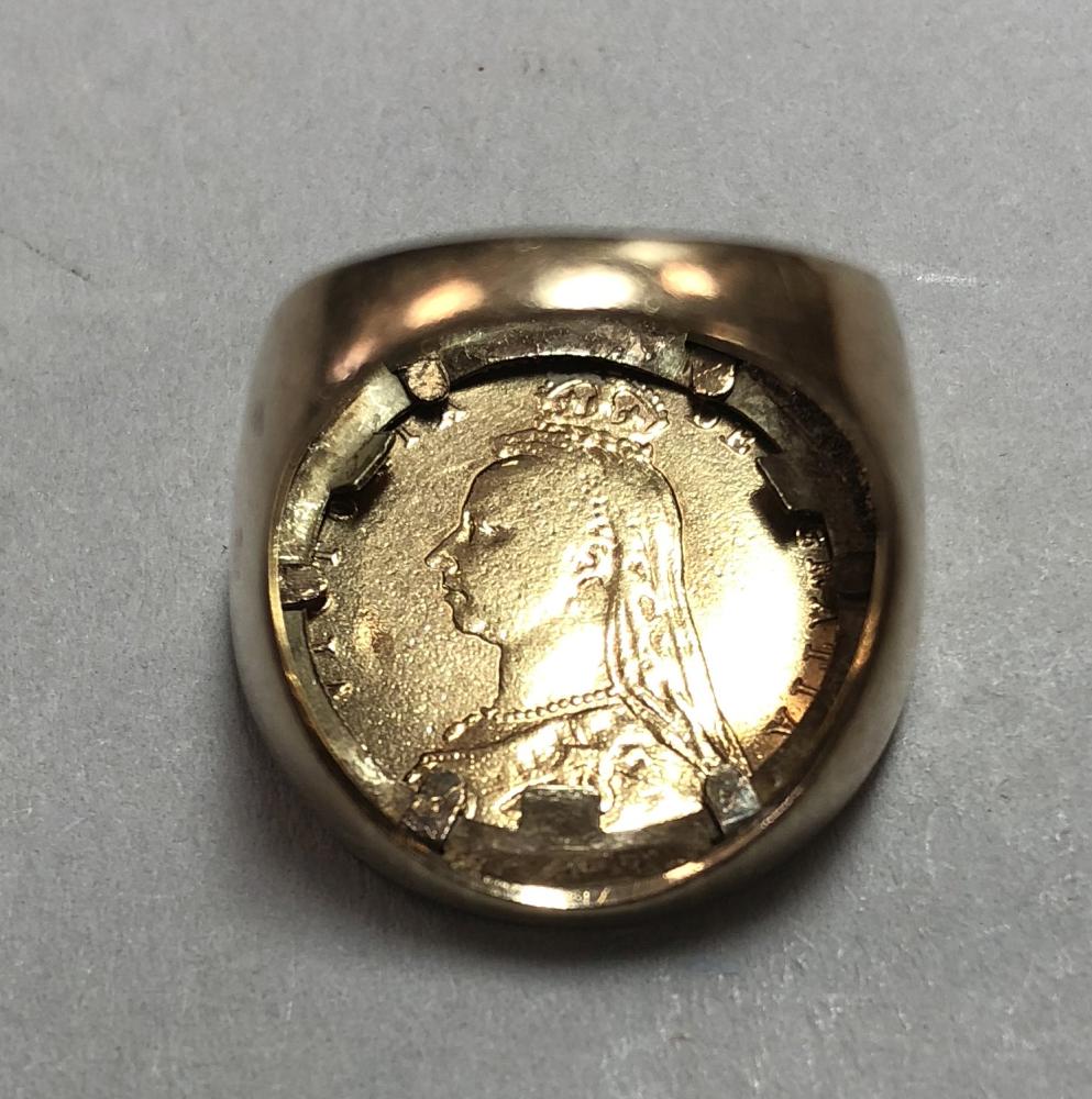 A 9ct gold signet ring loose mounted with an 1892 Jubilee half ...