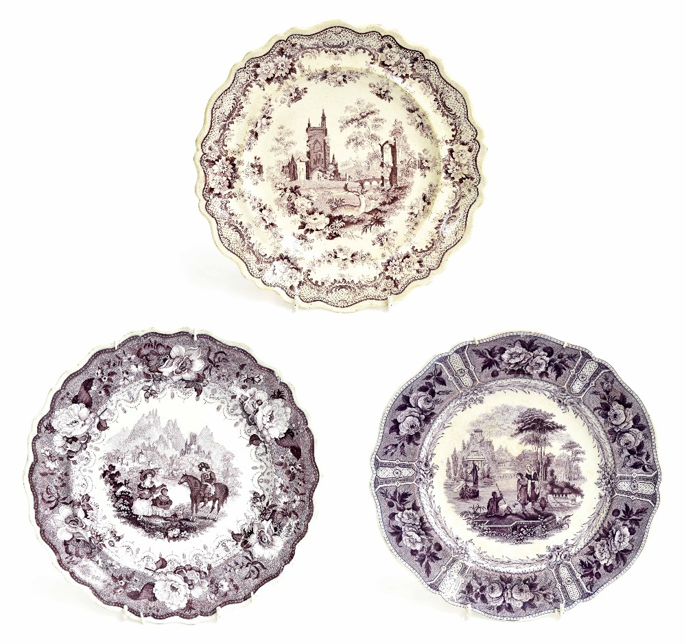 Three 19th century transfer printed plates, each with purple and white ...