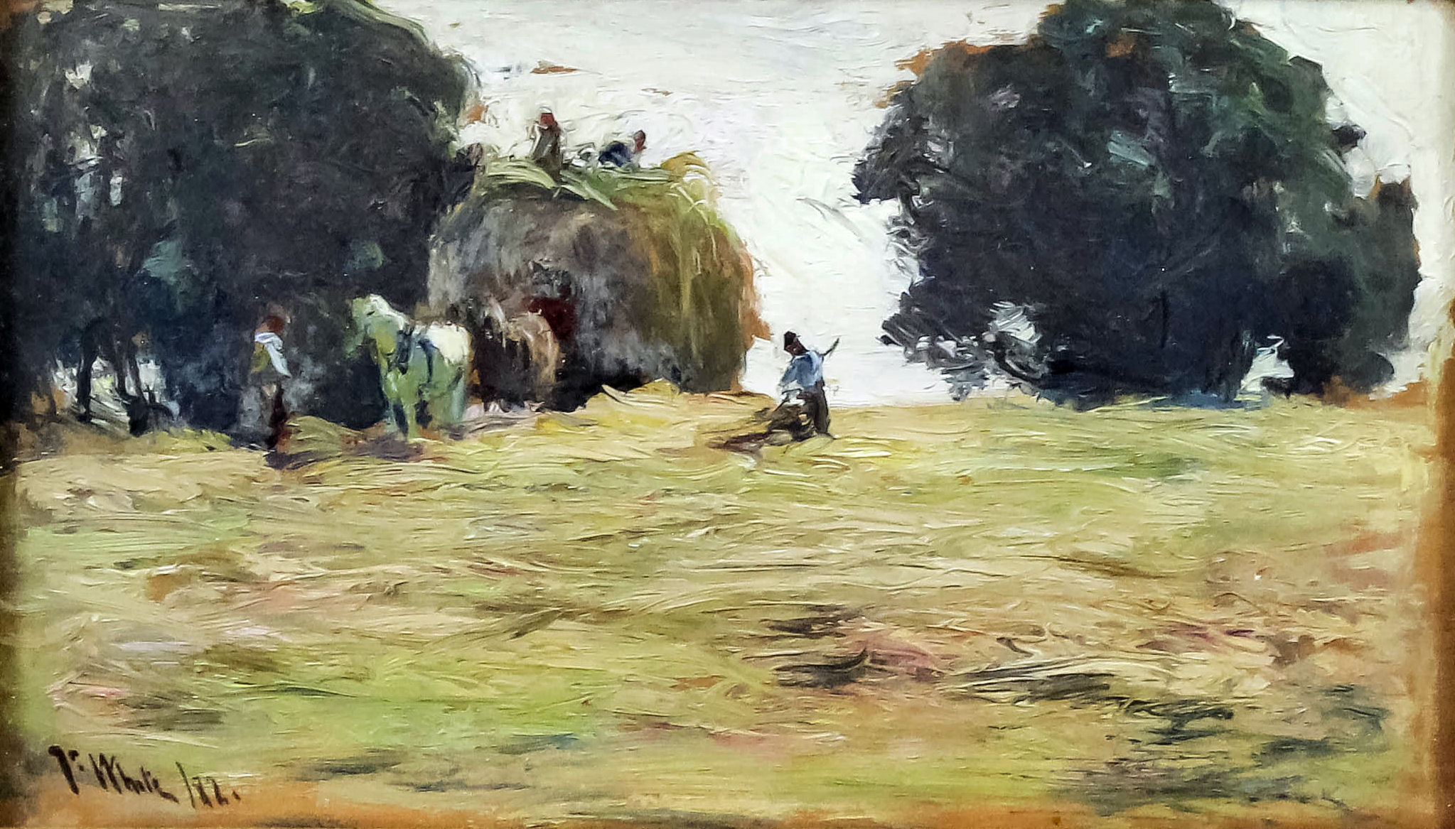 John White (1851 - 1933) - Oil painting - Harvest scene, panel 5ins x 8 ...