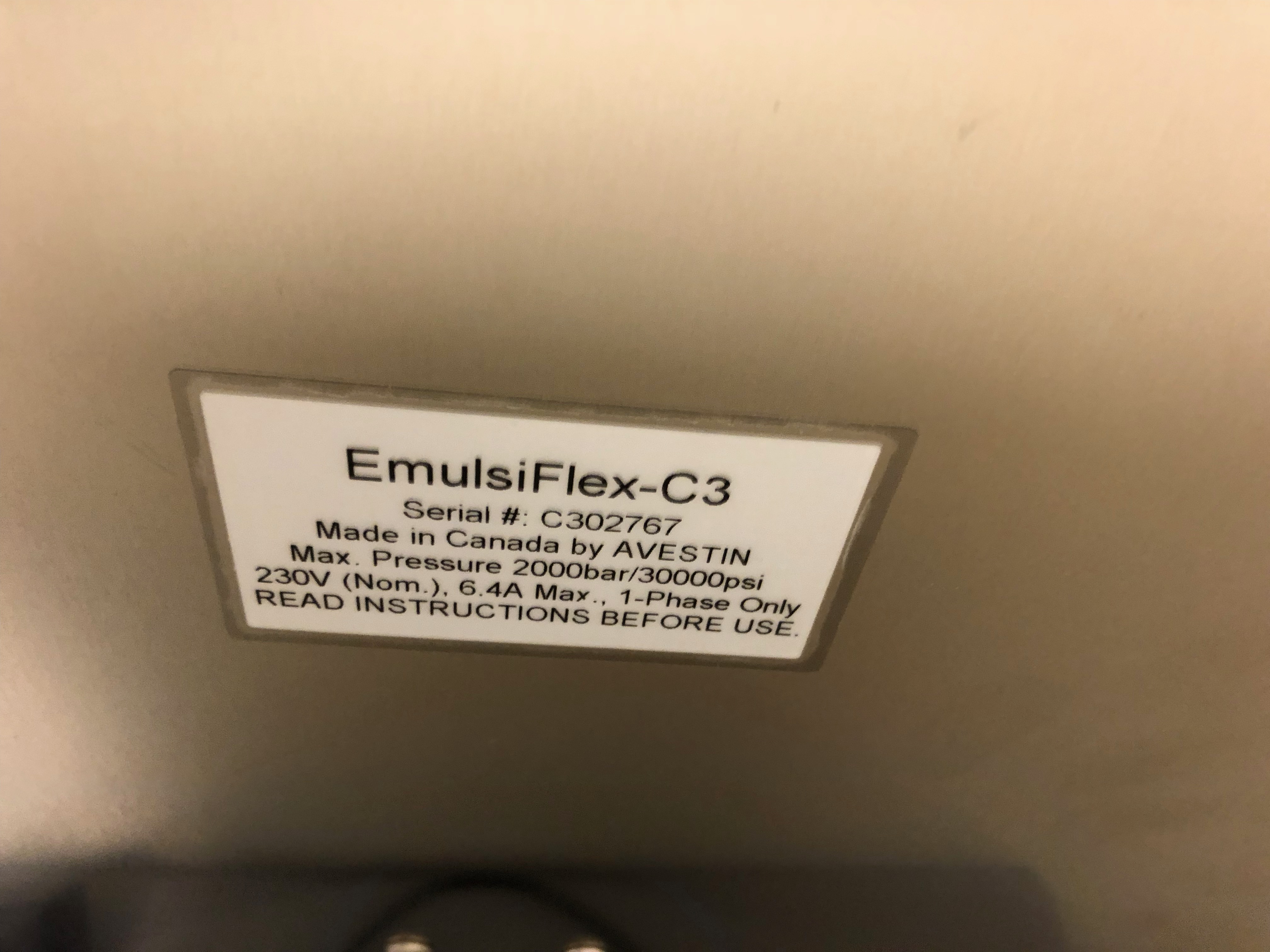 Avestin Emulsiflex C-3 Homogenizer SN: C302767, Includes 115V to 220V ...
