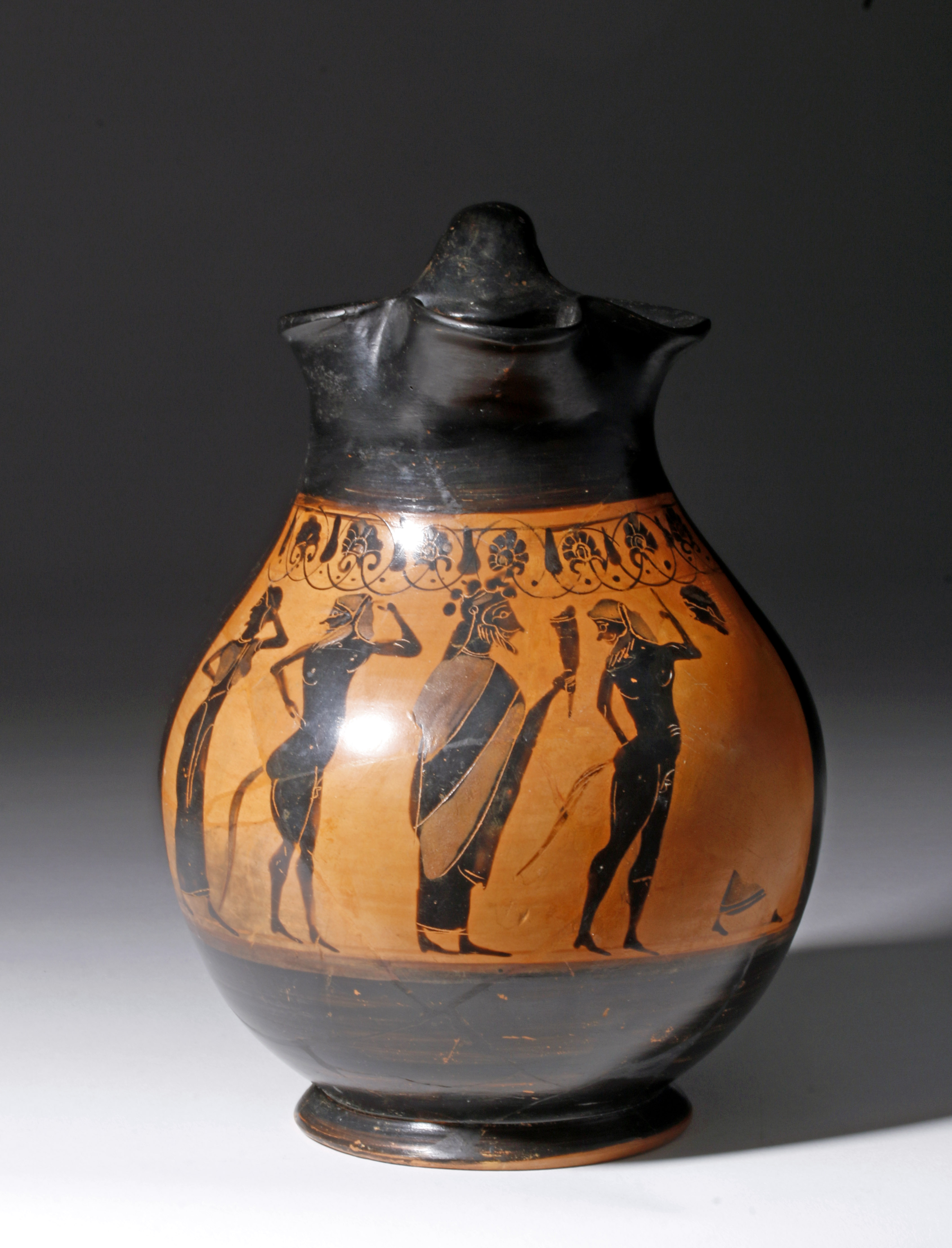 Ancient Greece, ca. 550 to 500 BCE. A stunning black-figure oinochoe ...