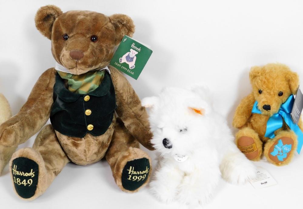 Various Teddy bears, Harrods 1849-1999 celebration 38cm H, Olympic ...