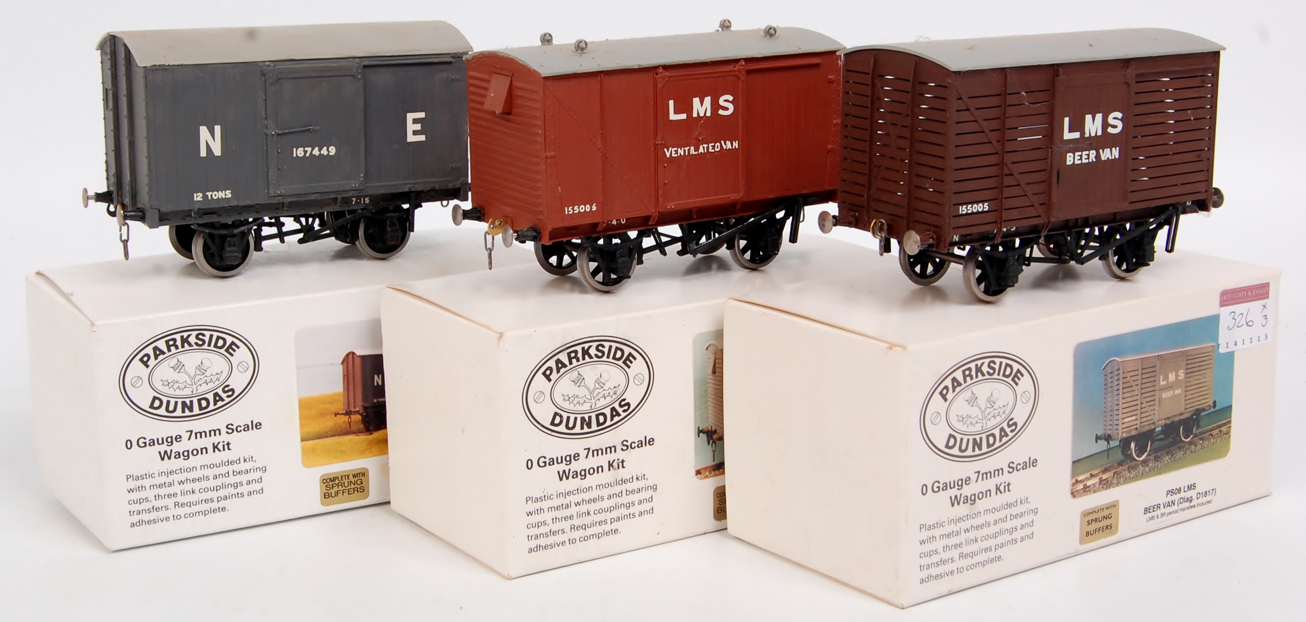3 Parkside Dundas made up 0 gauge wagon kits, PS04 LNER goods van, PS08 ...