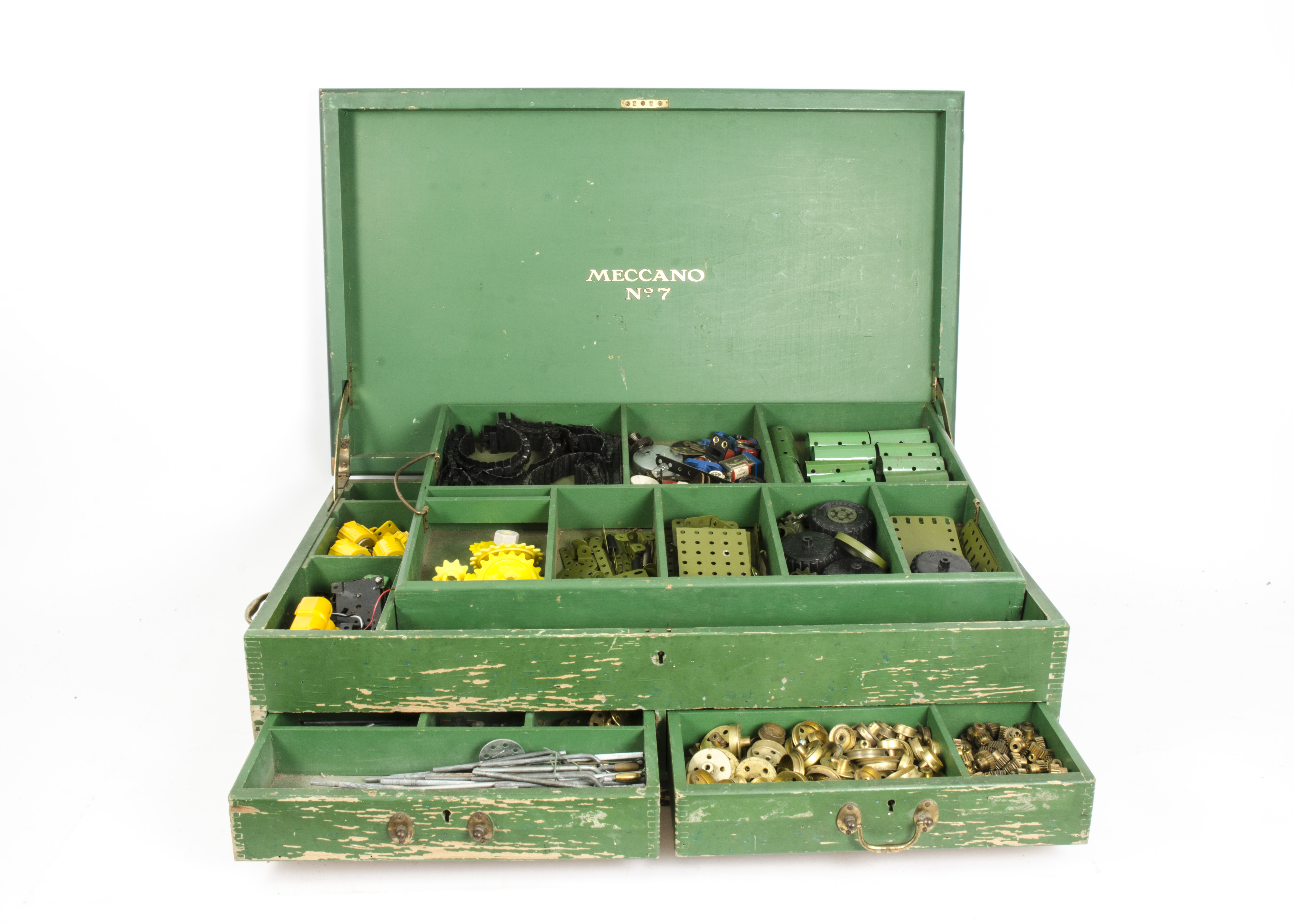 Large Meccano No 7 green wooden box with pull out tray and two drawers ...