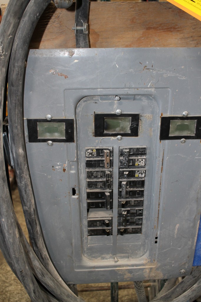 PORTABLE CIRCUIT BREAKER BOX WITH (11) BREAKERS AND TWO WHEEL HAND TRUCK