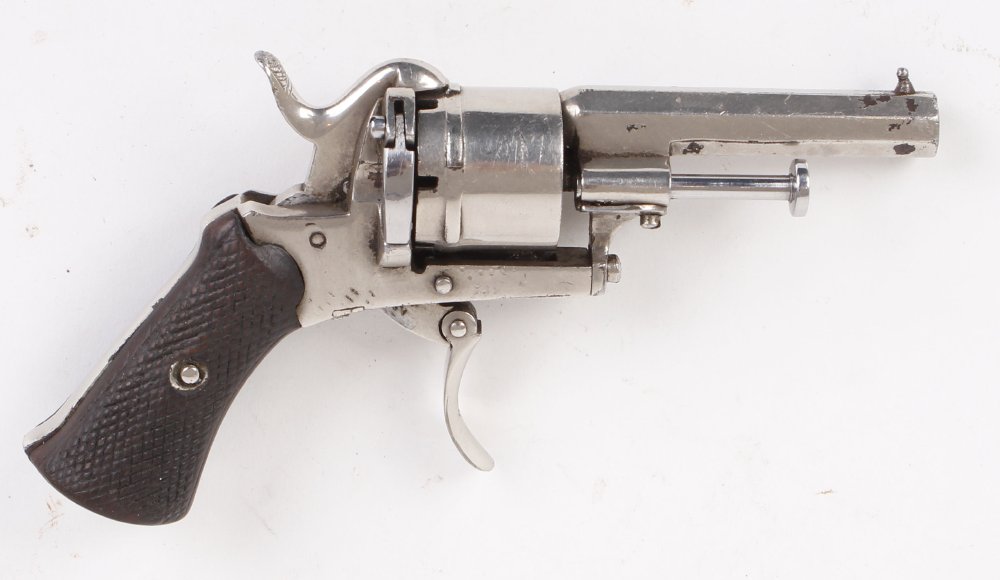 5mm Belgian pinfire revolver, 2 ins octagonal barrel, six shot cylinder ...