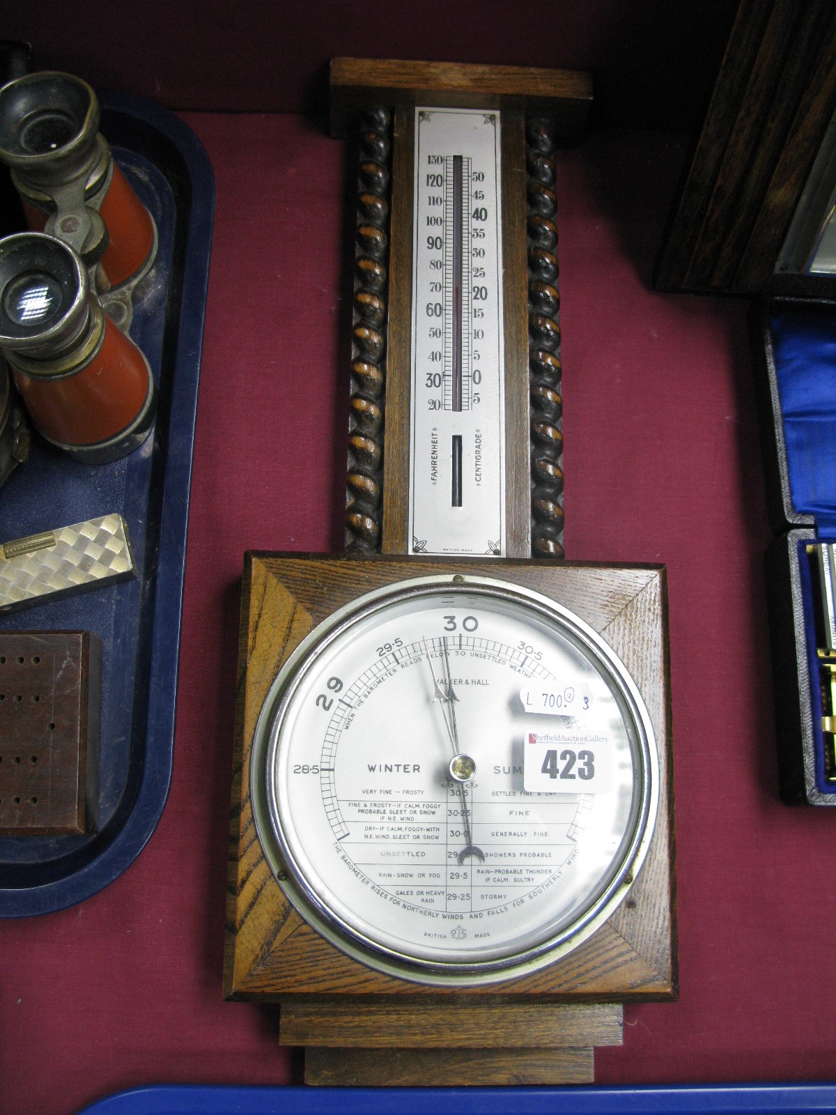 Walker and Hall Barometer, having thermometer to barley twist cased ...