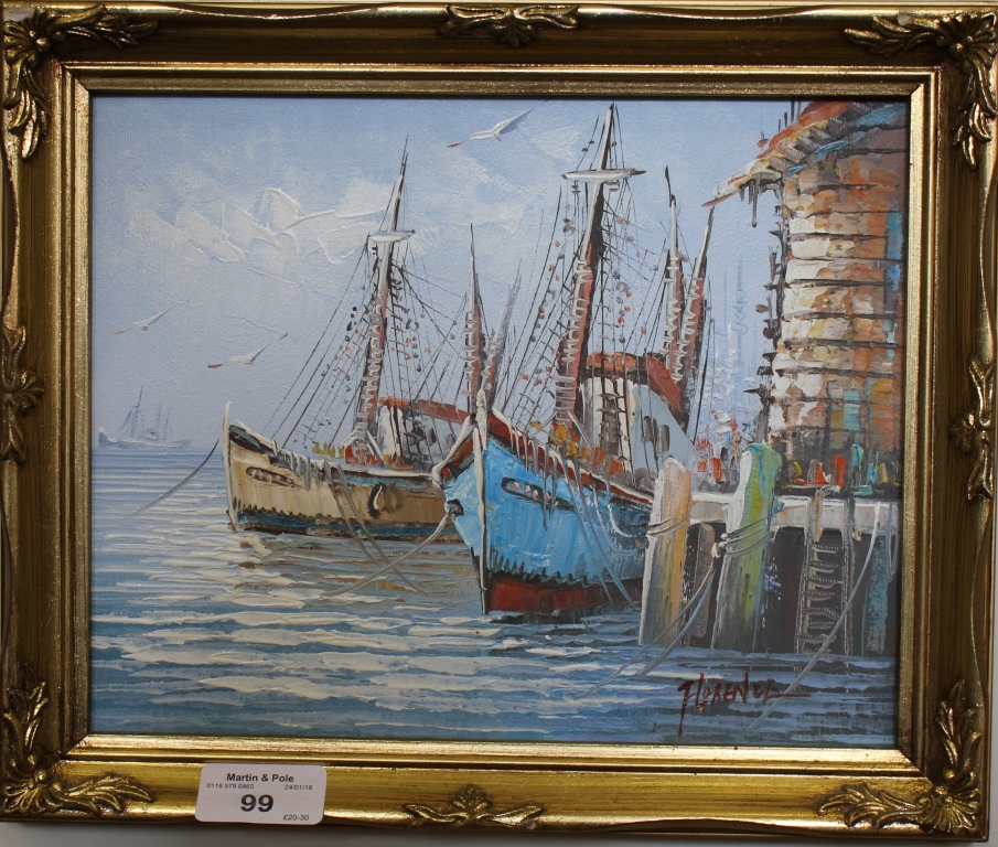 Florence Fishing boats moored in harbour Oil on canvas Signed (possibly ...