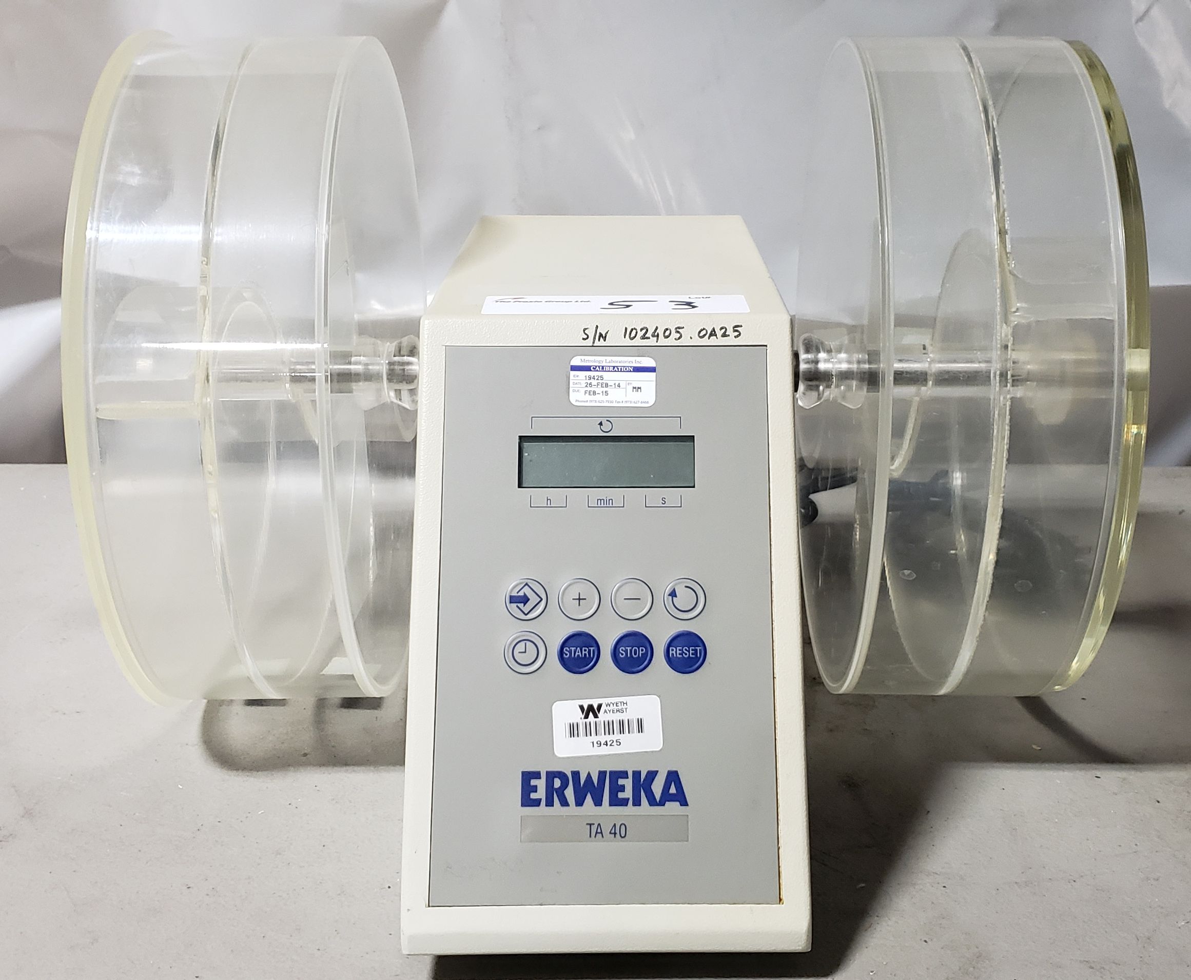 Erweka TA 40 Dual Drum Friability Tester, S/N 102405-0125, 115V