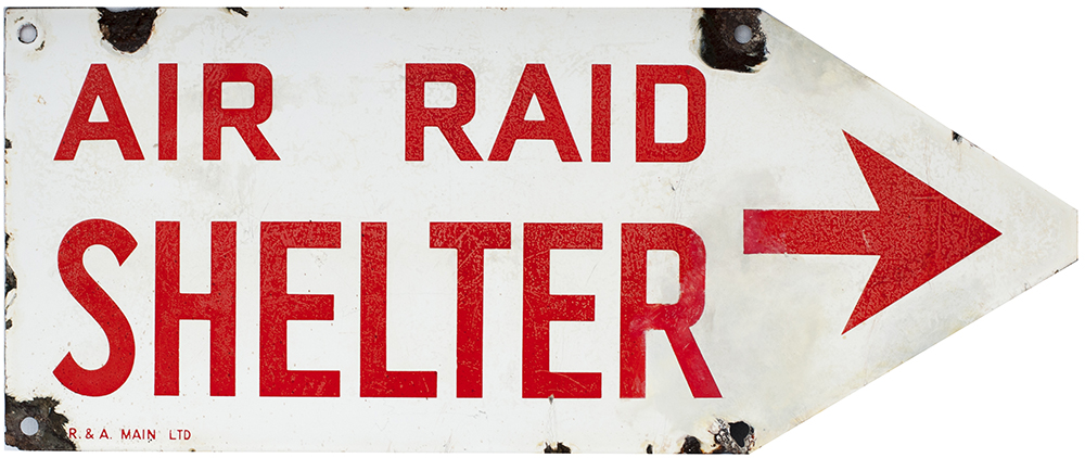 Enamel World War 2 road sign AIR RAID SHELTER with right facing arrow ...