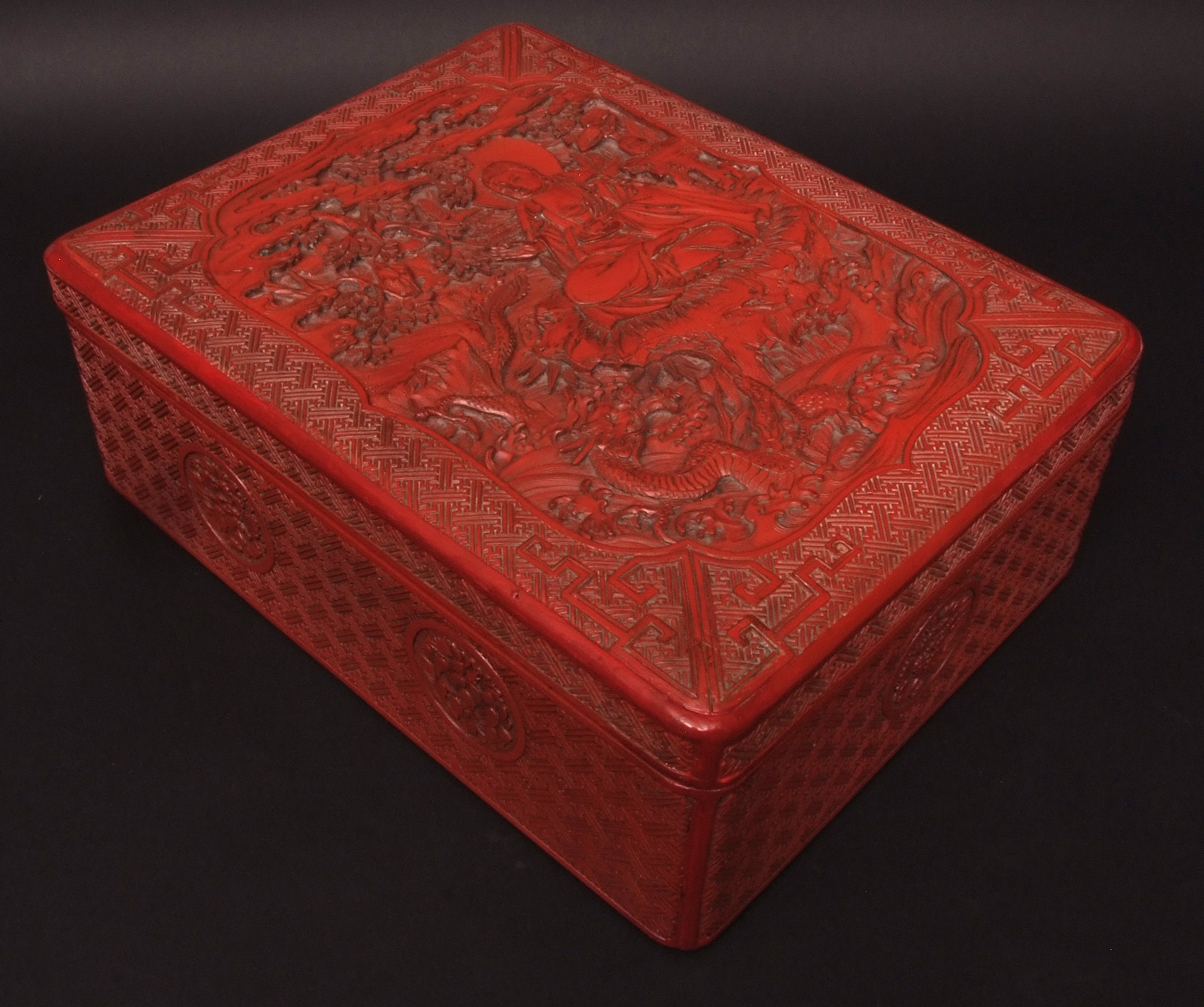 Large 19th century Japanese carved and red lacquered box in the style ...