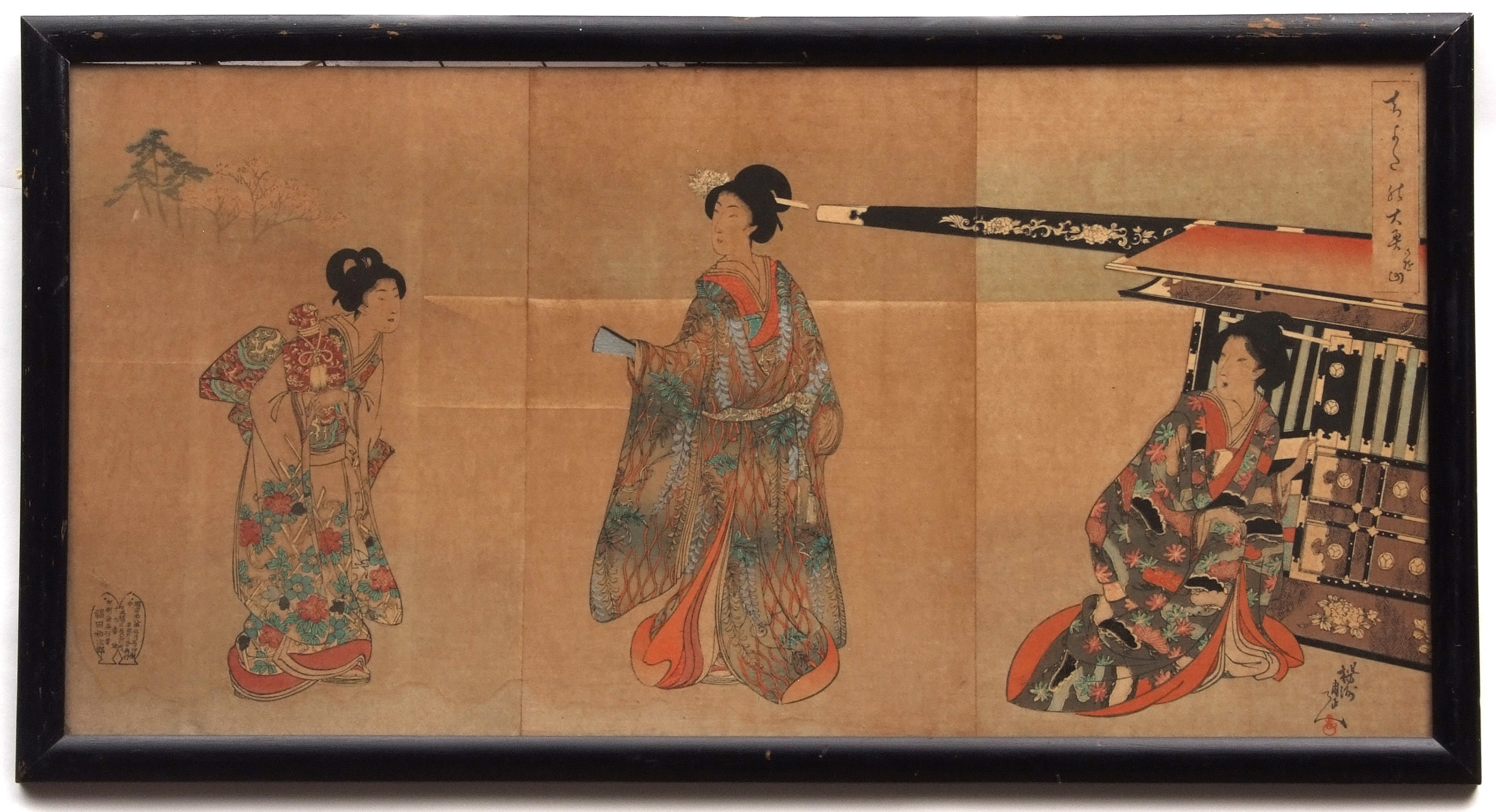 Two framed Japanese triptych woodblock prints depicting courtesans and ...