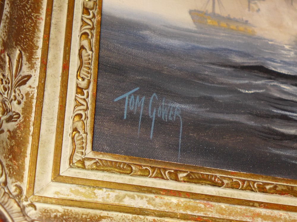 An oil on canvas by Tom Gower, 18th century warships at sea engaged in ...