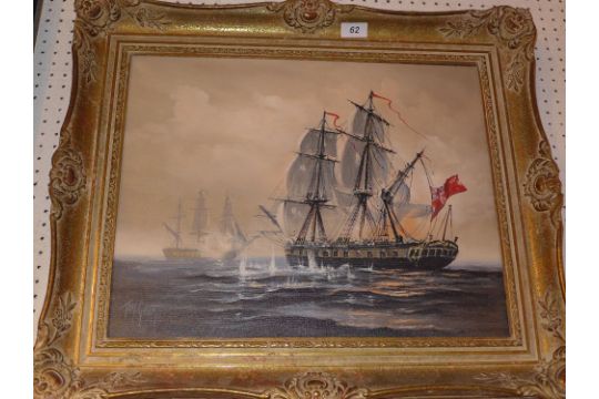 An oil on canvas by Tom Gower, 18th century warships at sea engaged in ...