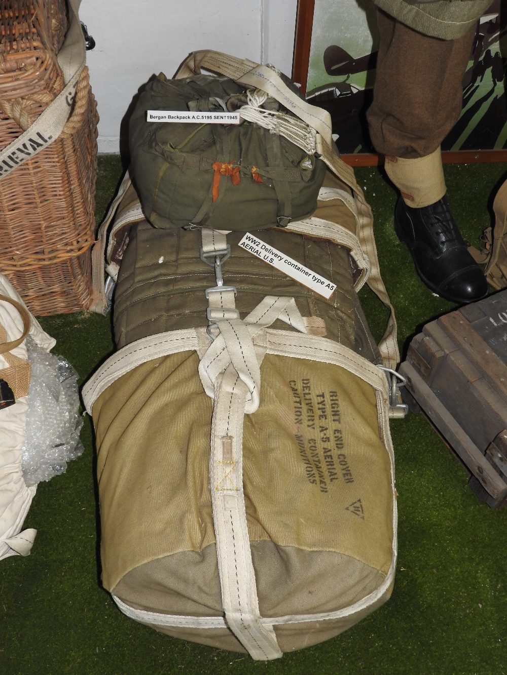 A WWII Bergen backpack A.C.5195 SEN 1945 along with a WWII US A-5 ...