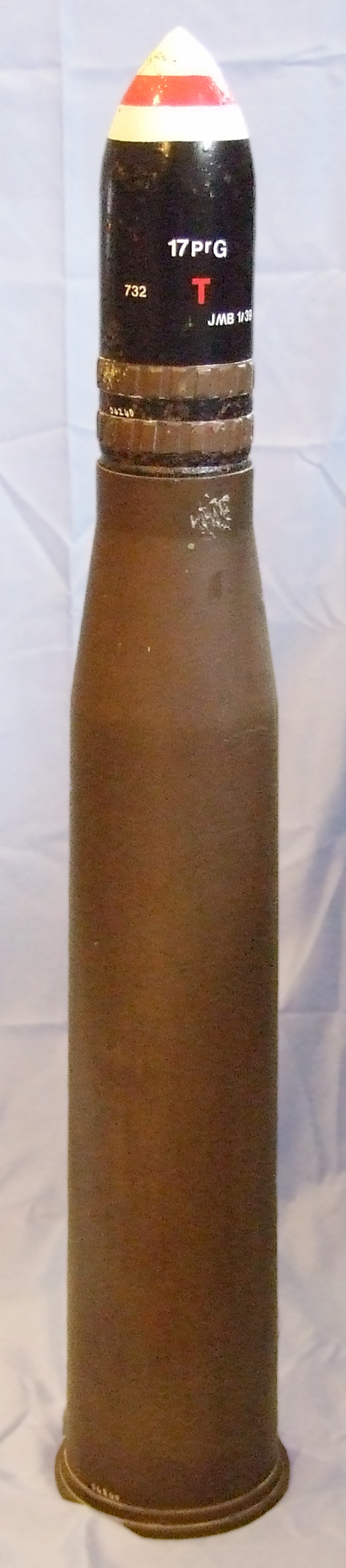 A British round of ammunition for a 17 pounder QF gun, brass, bottle ...