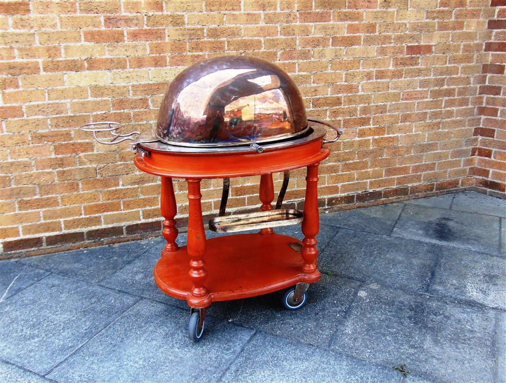 A LARGE CATERING MEAT SERVING TROLLEY with a silver plated up and over ...