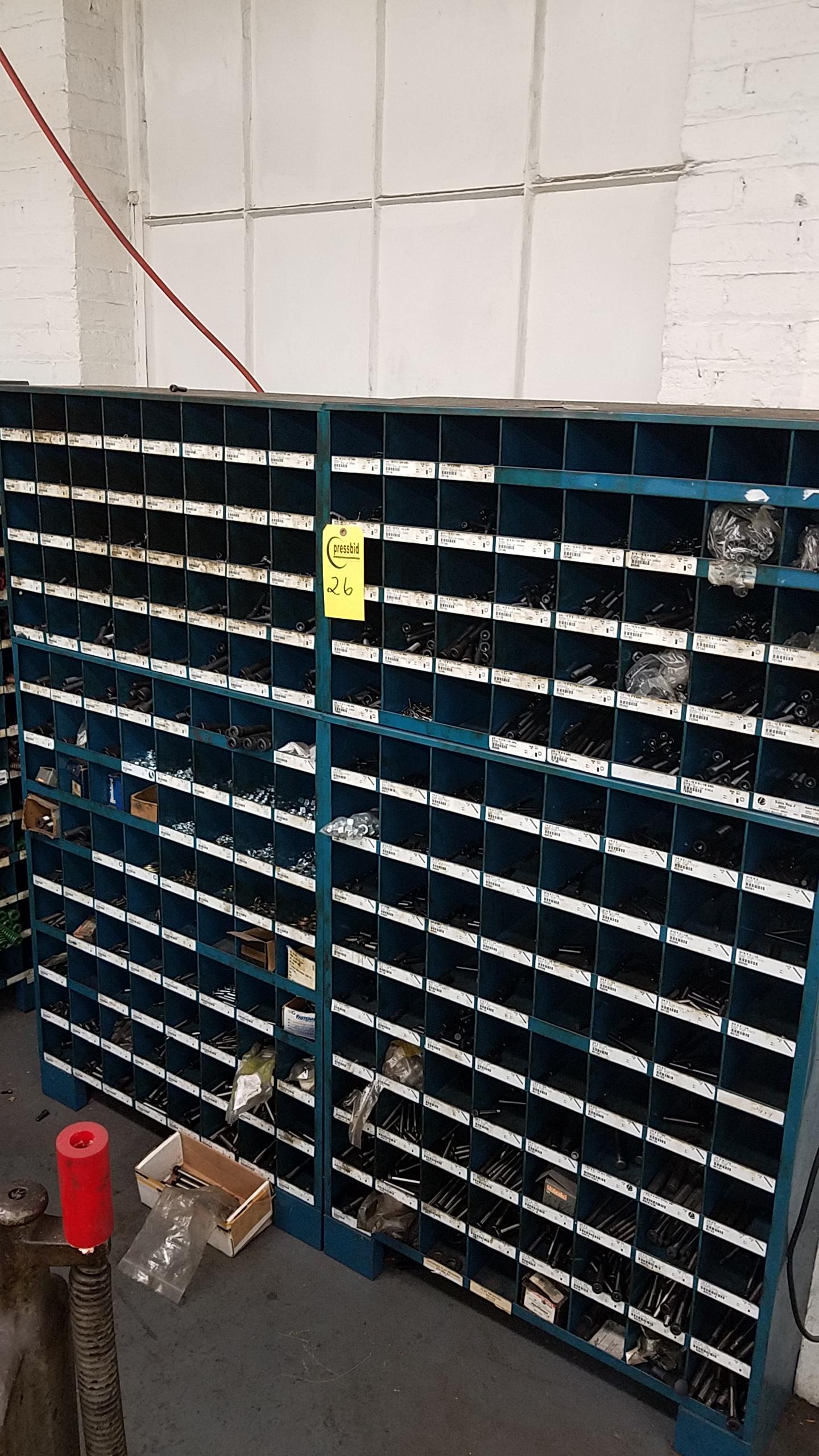 MISC BOLTS, FASTENERS, WITH SHELVING BIN