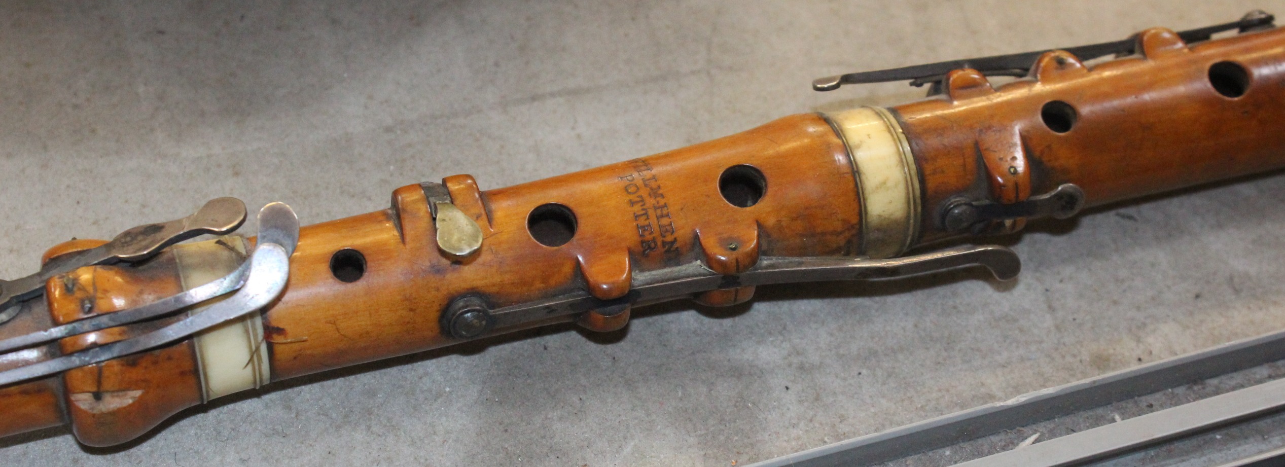 A William Henry Potter wooden Baroque flute, in need of repair.