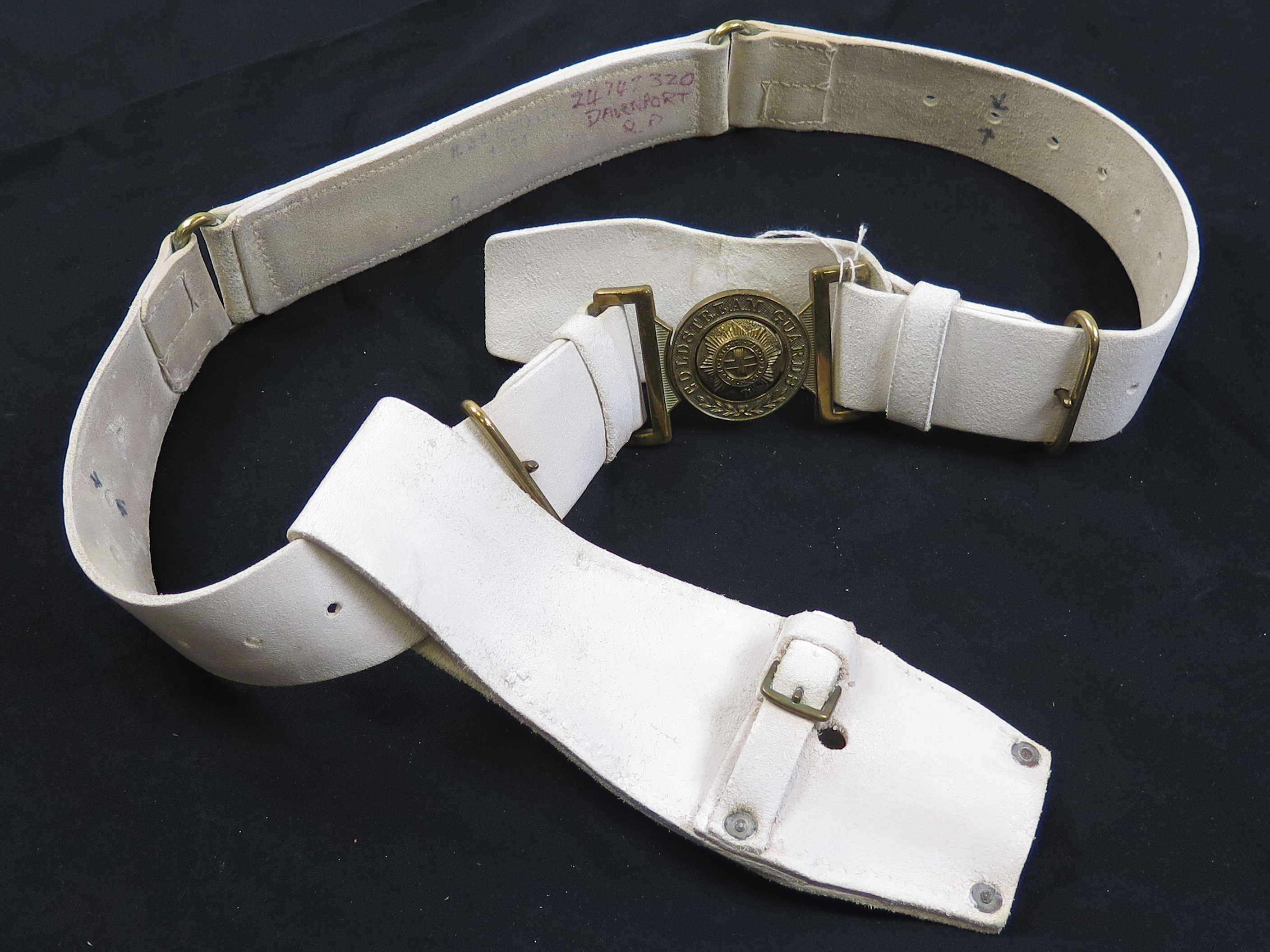 White waste belt with Coldstream Guards belt buckle and leather frog