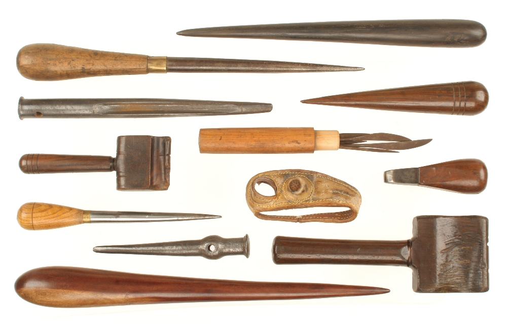 A selection of sailmakers tools incl. 2 lignum serving mallets, 3 fids ...