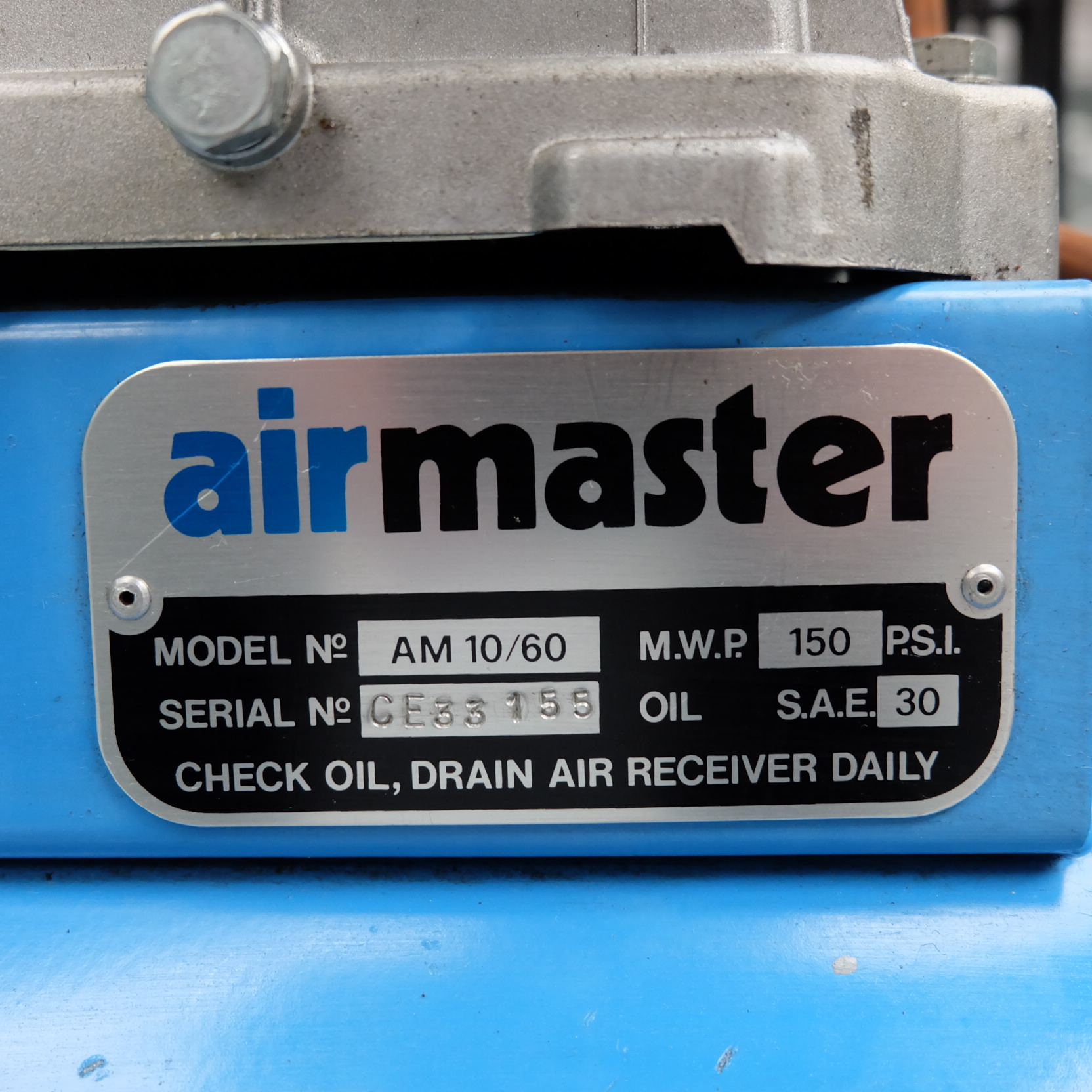 An AIRMASTER Model AM10/60 Mobile Receiver Mounted Compressor, 150PSI.
