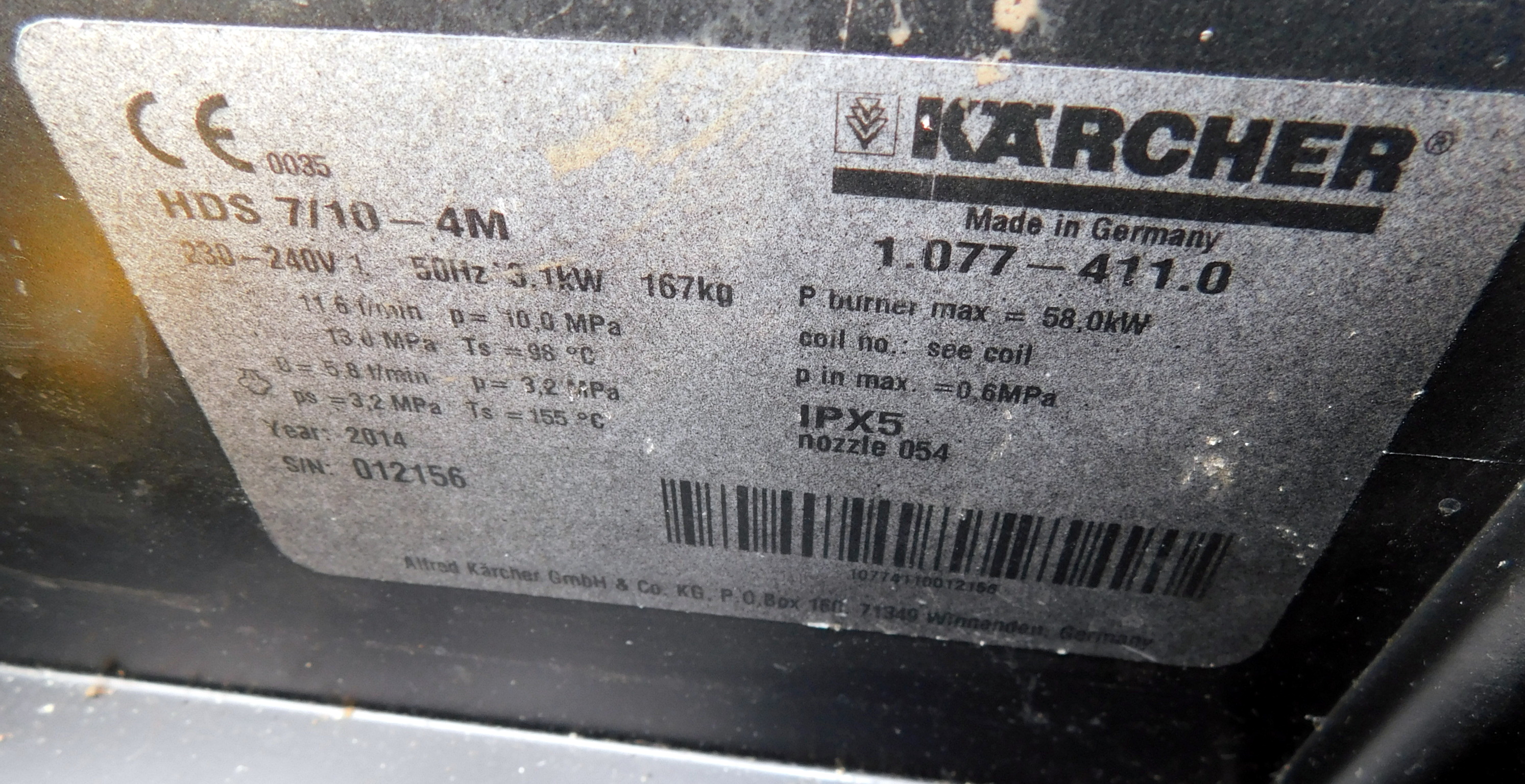 Karcher HDS7/10 4M Pressure Washer, 2014, Serial Number: 012156 ...