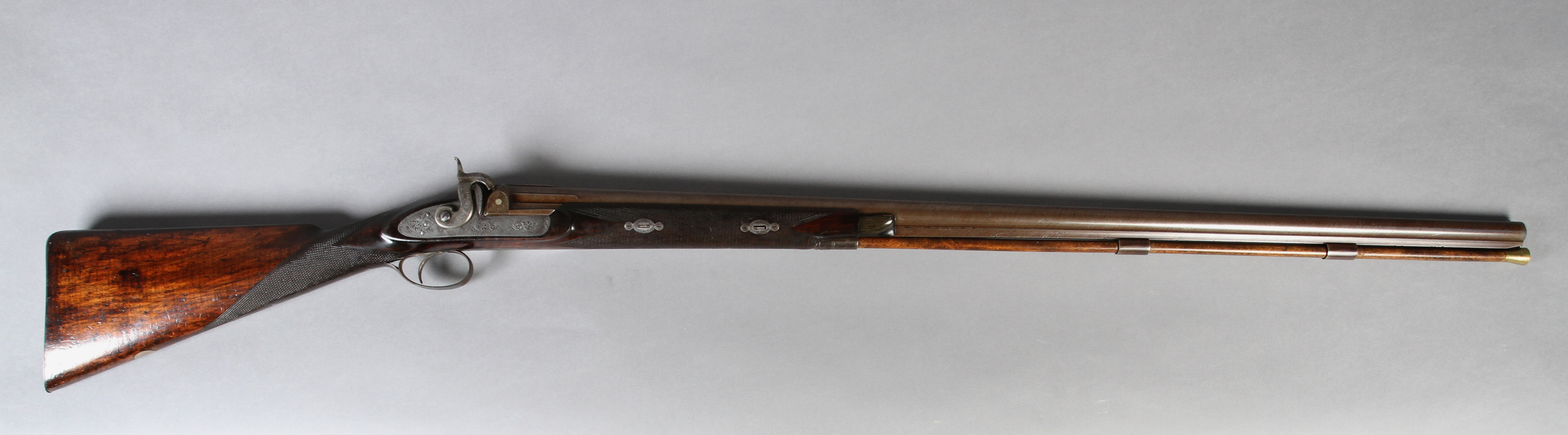 A GOOD BREECH LOADING PERCUSSION SINGLE BARREL 12 BORE SHOTGUN BY a-good-breech-loading-percussion-single-barrel-12-bore-shotgun-by
