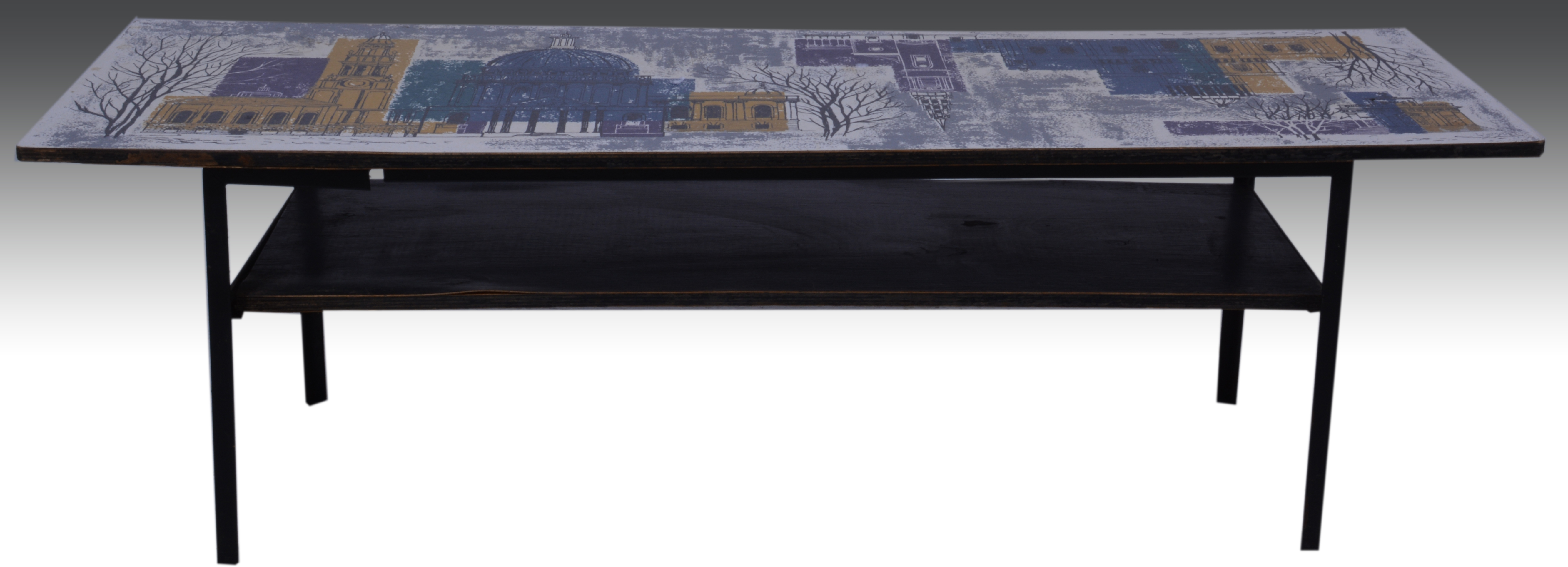 A John Piper coffee table, circa 1960, the rectangular top depicting ...