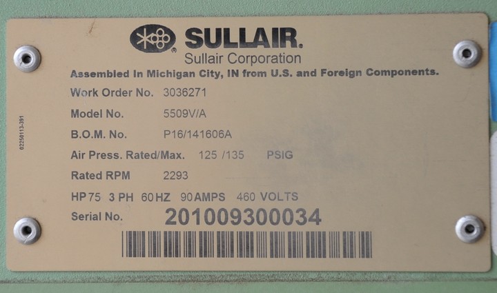 Sullair Model 5500 S-Energy 75-HP Air Compressor; Serial Number ...
