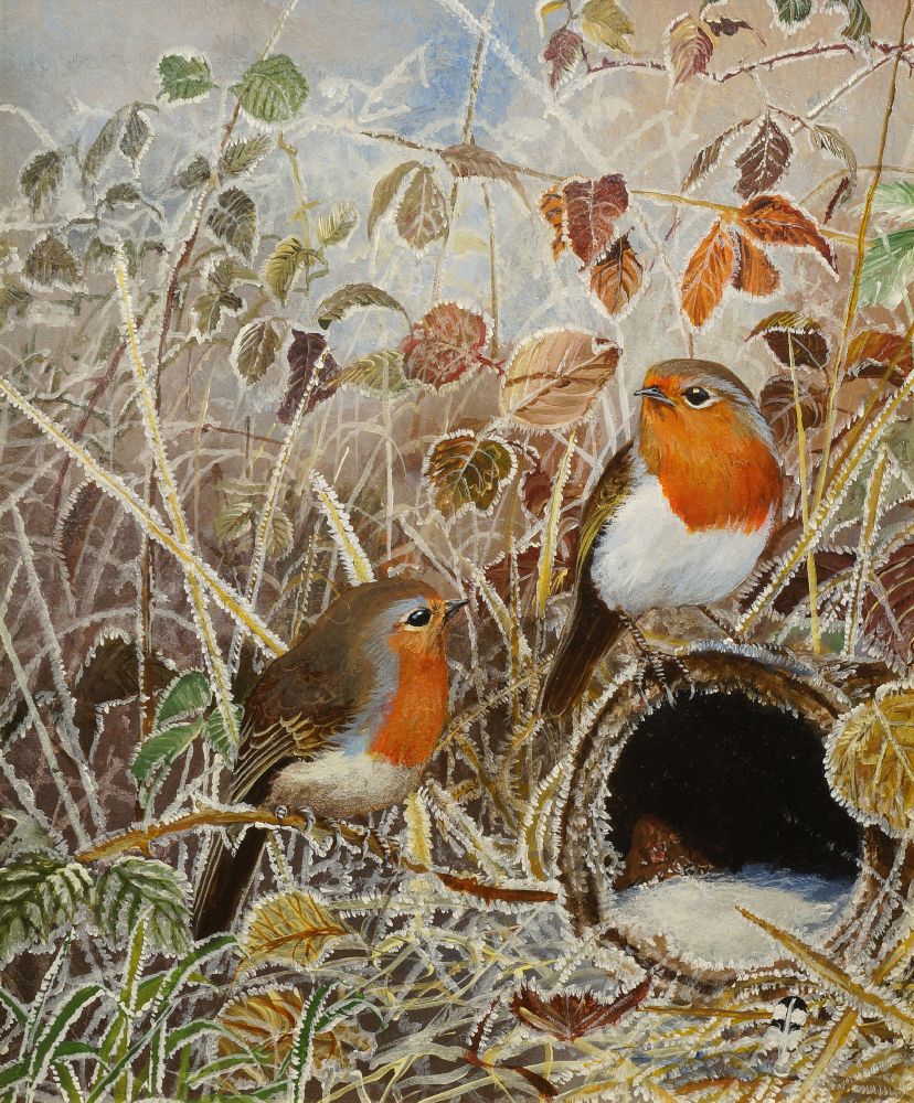 David Feather, British 1952-2005- Robin on a postbox in the snow; oil ...