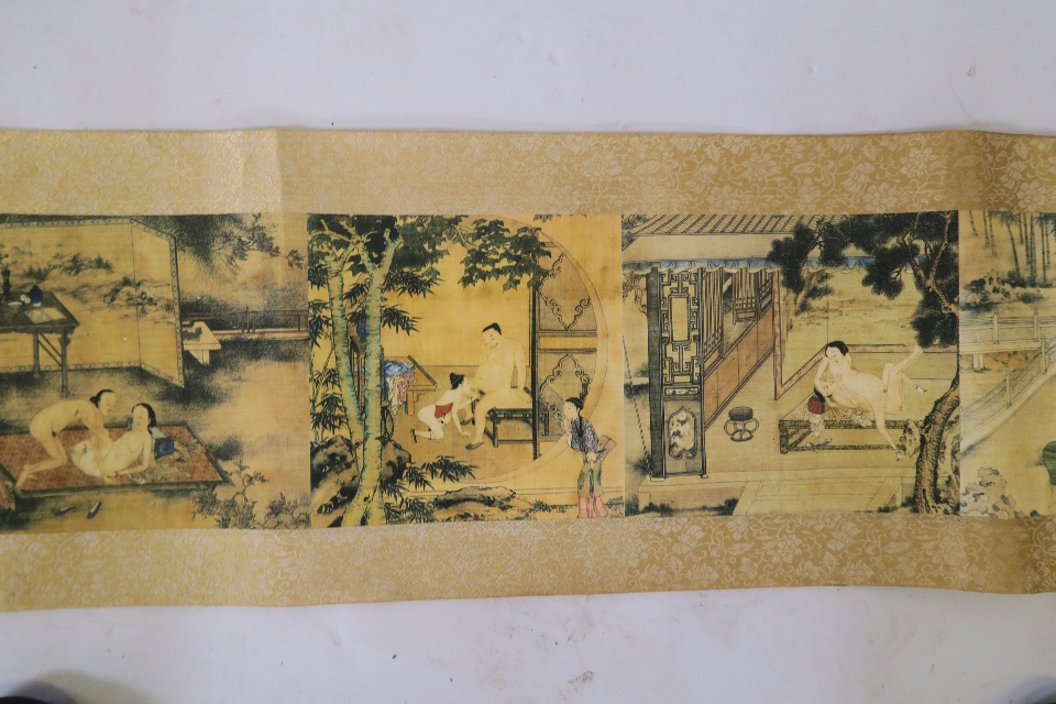 A Chinese scroll comprising ten panels, each depicting an erotic scene ...