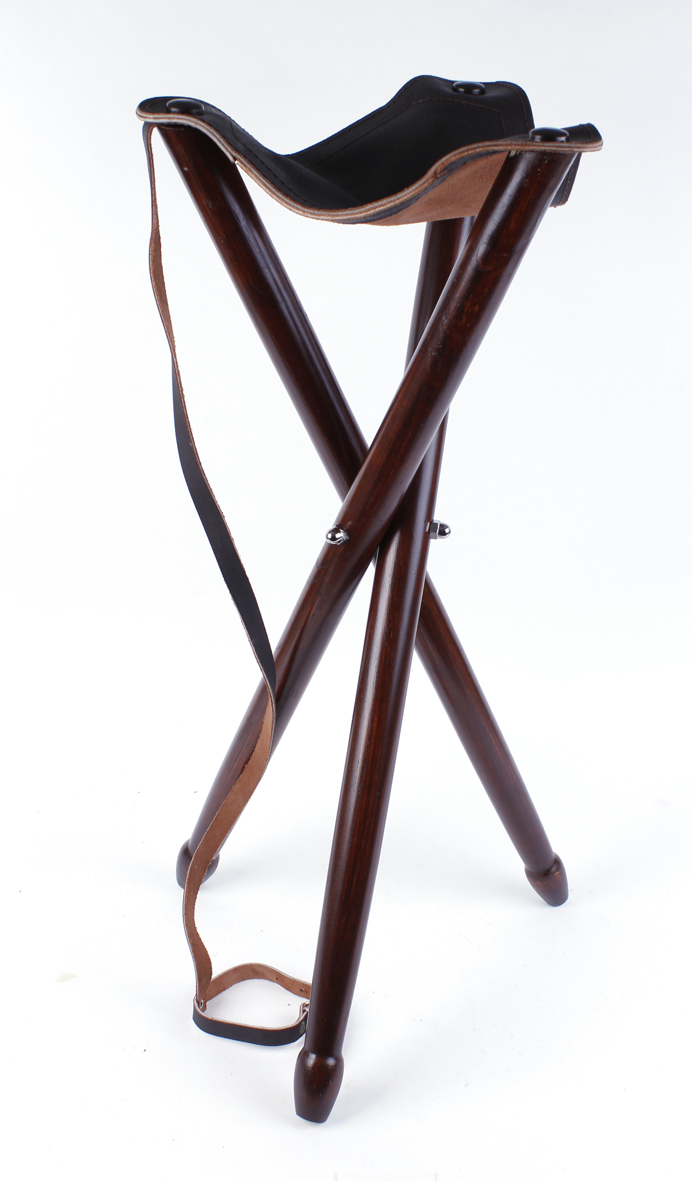 Leather seated wooden tri leg shooting stool