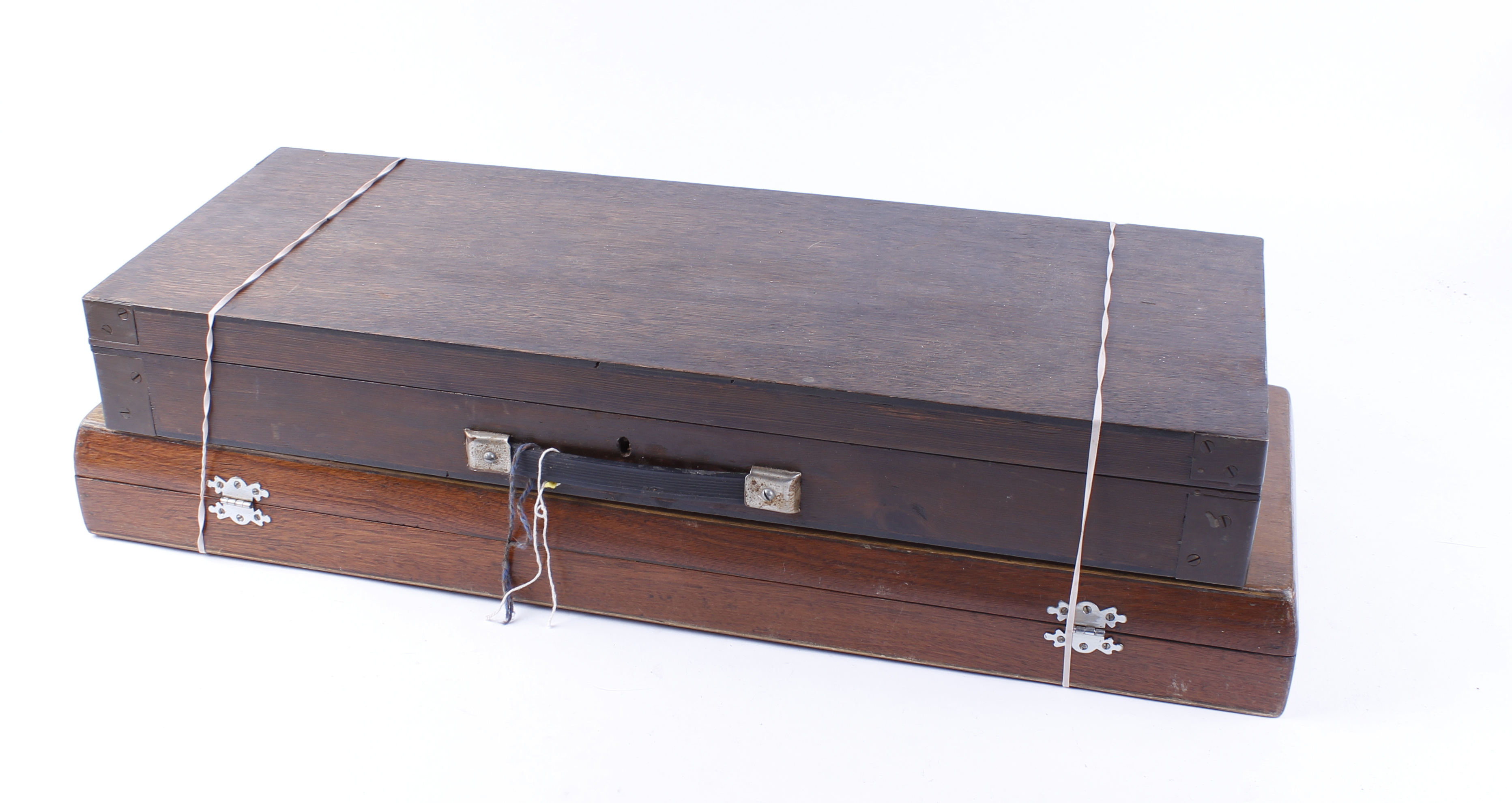 Two wooden shotgun boxes, seven 2 & 3 piece wooden cleaning rods, mops ...