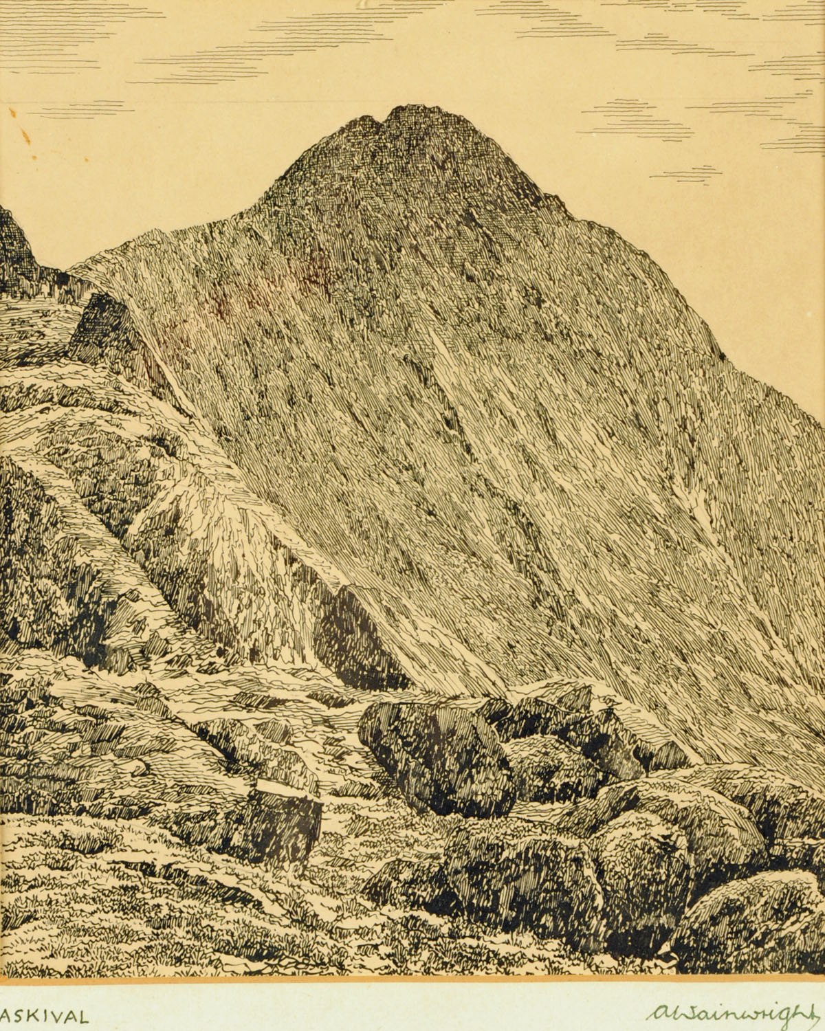 Alfred Wainwright, original pen and ink drawing, "Askival". 17 cm x 15 ...
