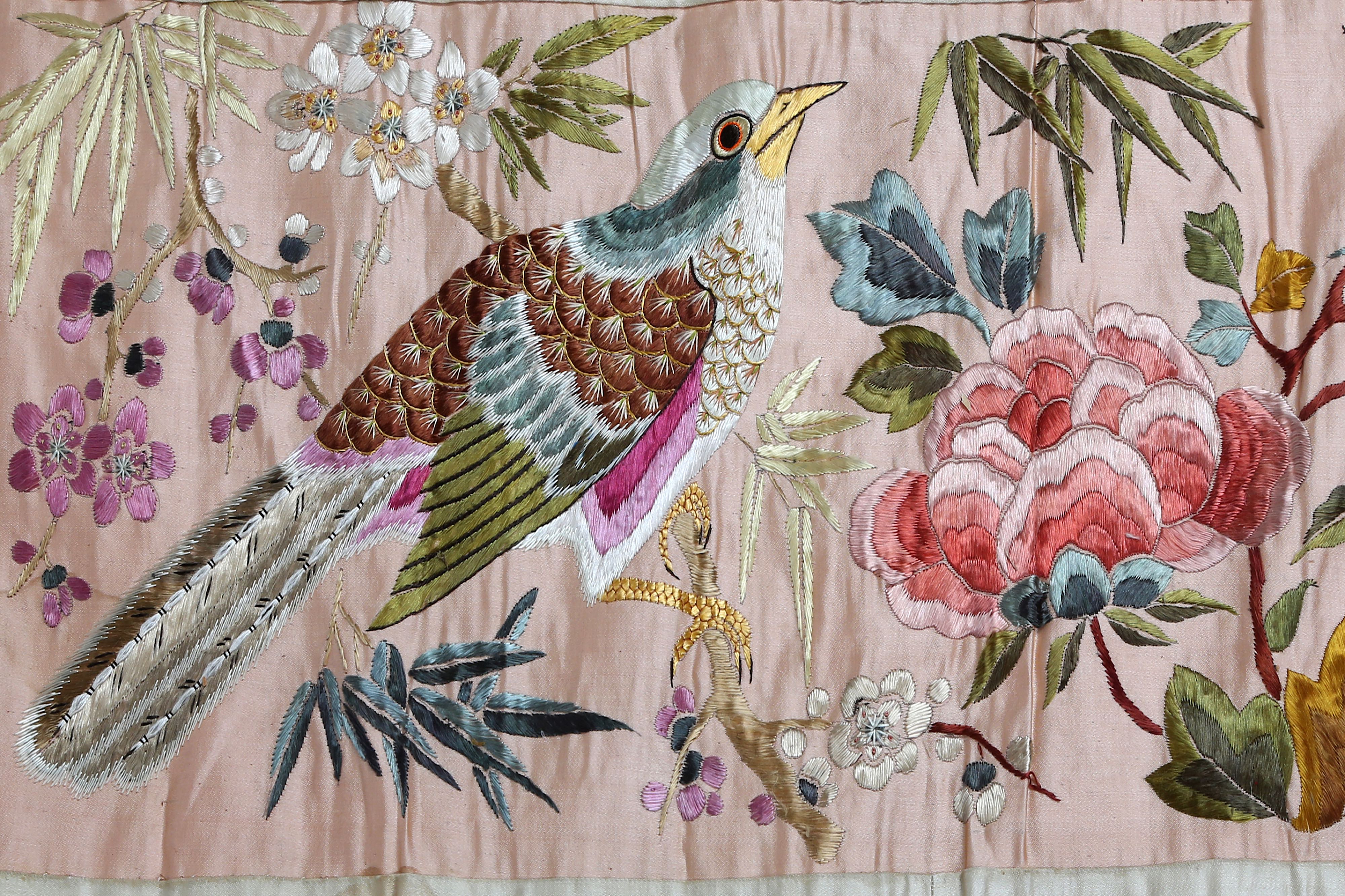 A CHINESE EMBROIDERED 'BIRDS AND FLOWERS' SILK PANEL. Qing Dynasty ...